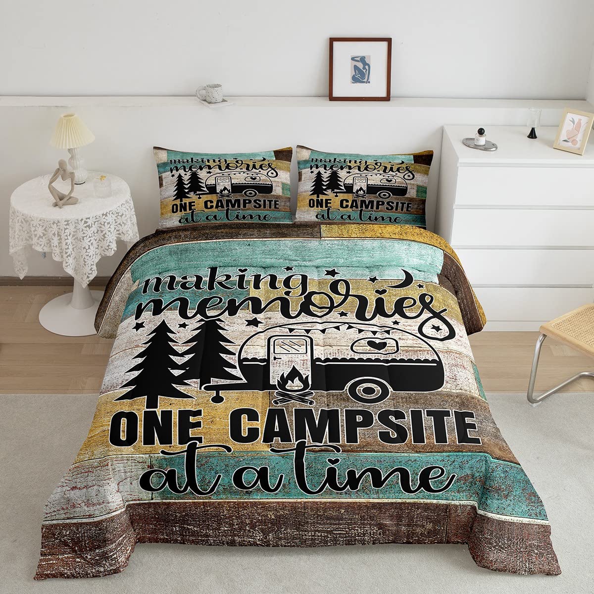 Camper Theme Comforter Set Brown Green Wooden Cabin Bedding Set Queen Size 3pcs,Kids Boys Girls Room Decor Black Camping Car Sketch Quilted Duvet Men Women Rustic Style Duvet Insert,2 Pillowcases