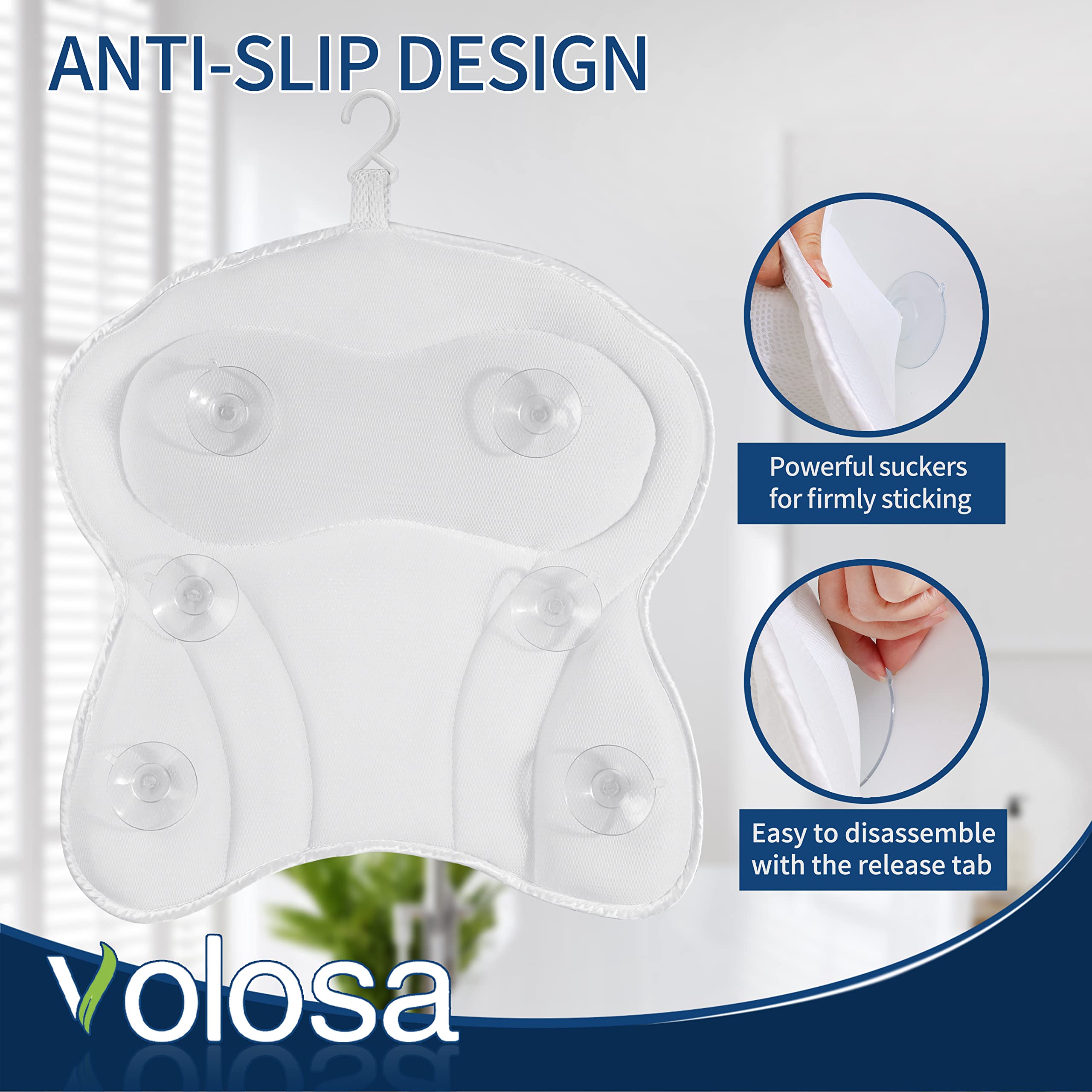 Bath Pillow for Bathtub, VOLOSA Bath Pillows for Tub Neck and Back Support, Luxury Bath Tub Pillow with 6 Suction Cup, 3D Air Mesh Headrest for Soaking Tub, Bubble Baths and Relaxing Spas
