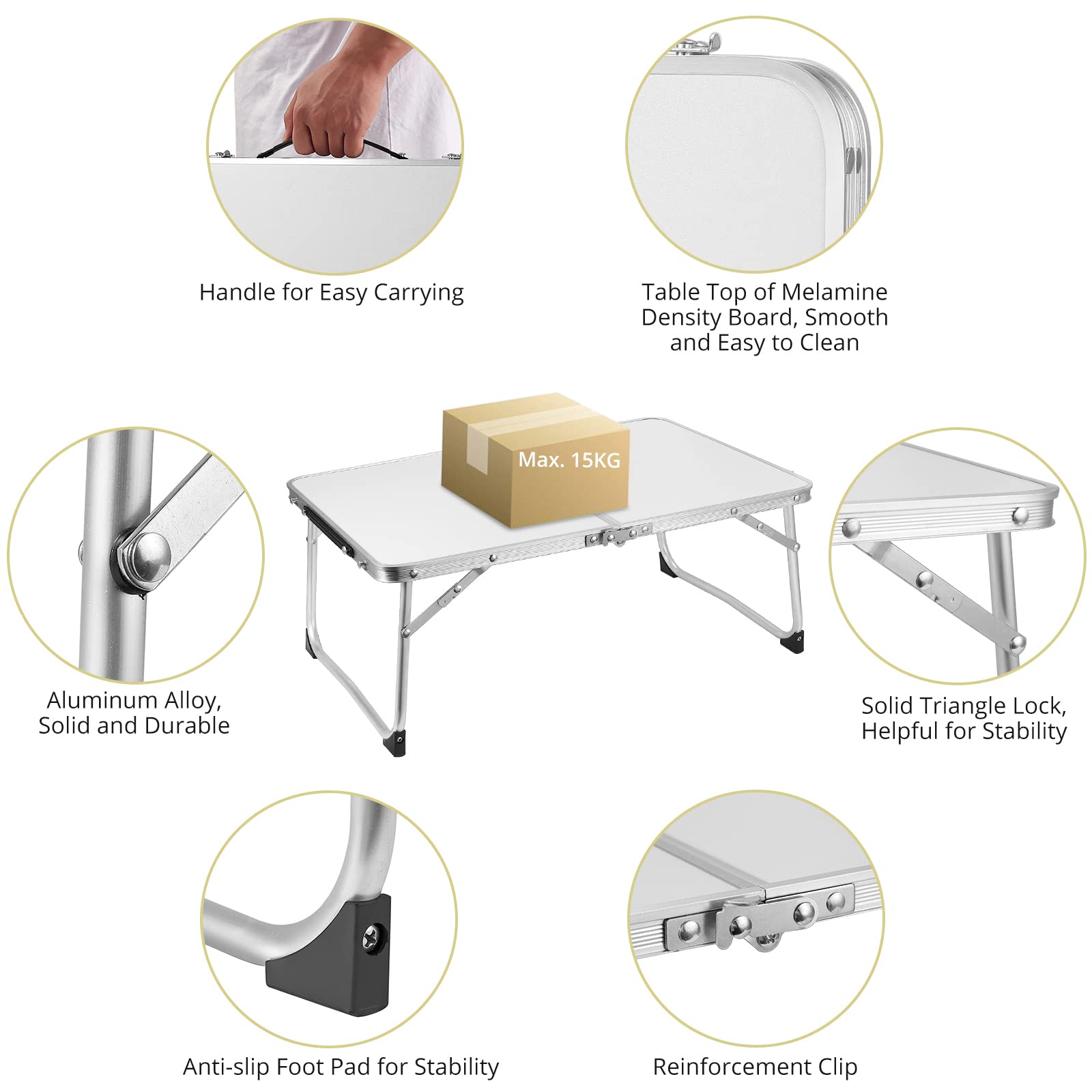 Anbte 24''x16''Small Folding Table, Aluminum Alloy Lightweight Folding Table with Carry Handle, Waterproof, Mini Camping Table for Backpacking Camping Hiking Beach Picnic, White