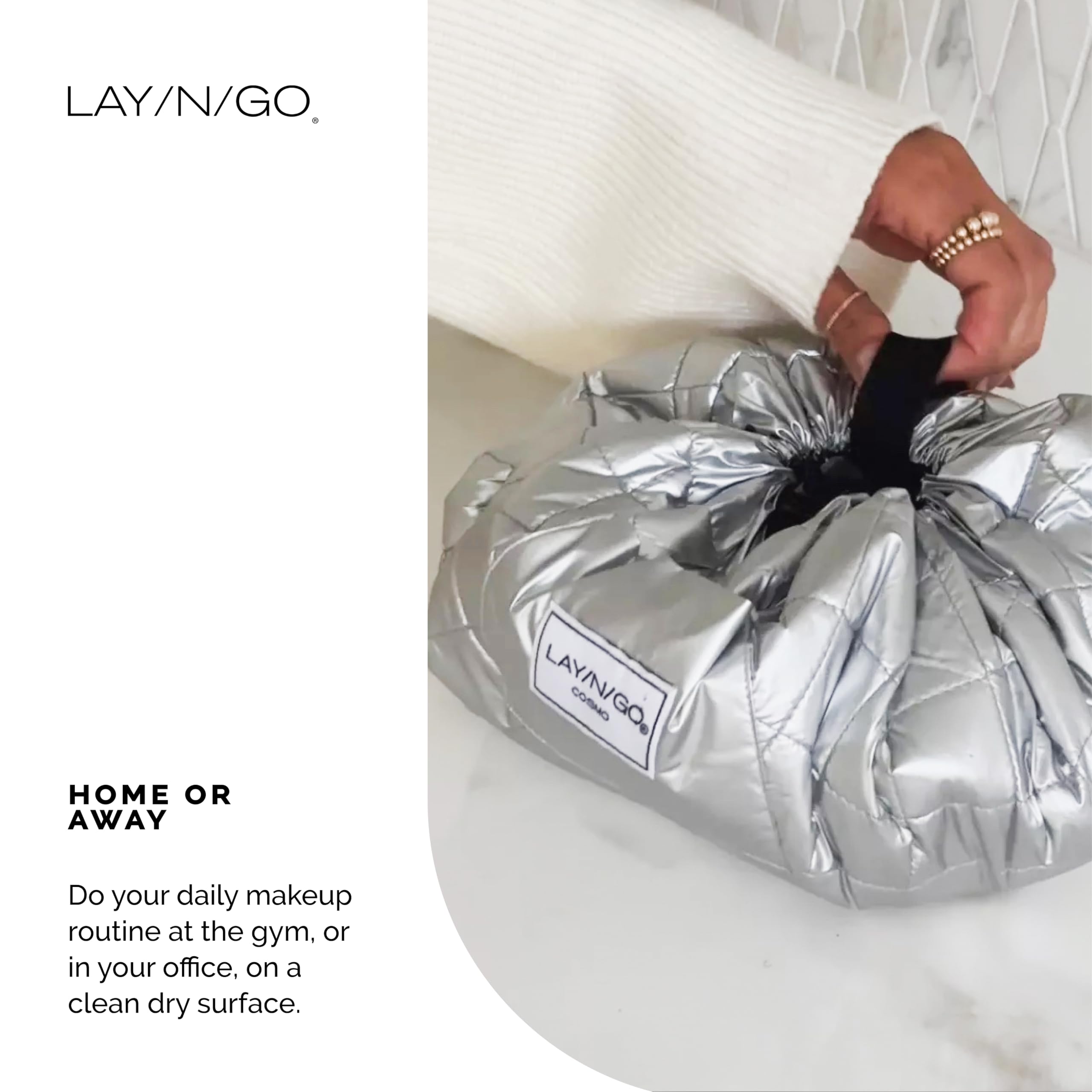Lay-n-Go Cosmo Drawstring Cosmetic & Makeup Bag Organizer - Portable Drawstring Makeup Bag w/Zipper Pocket, Makeup Loops & More - Durable, Machine Washable Makeup Bag for Travel (20β, Black)