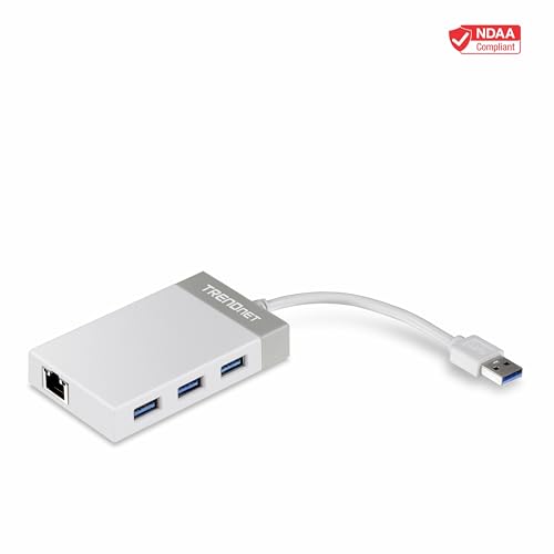 TRENDnet 3-Port USB 3.0 Hub, TU3-ETGH3, Compact USB to Ethernet Adapter, 3 x USB 3.0 Ports, 1 x RJ-45 Gigabit Ethernet Port, Supports XP, Vista, Windows, Mac OS 10.6-10.9, Nintendo Switch, White