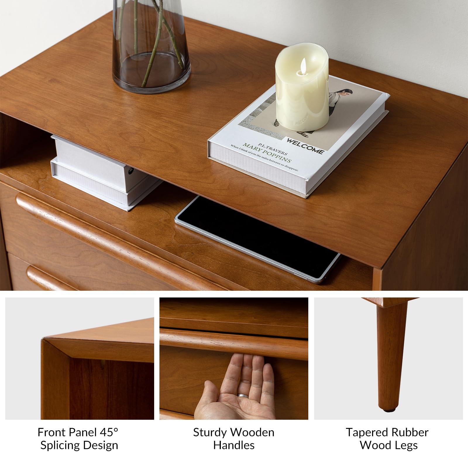 HULALA HOME Nightstand with Charging Station, Set of 2 Mid-Century Modern 2 Drawer and Open Shelf Dresser for Bedroom, Fluted Bedside Table, Acorn