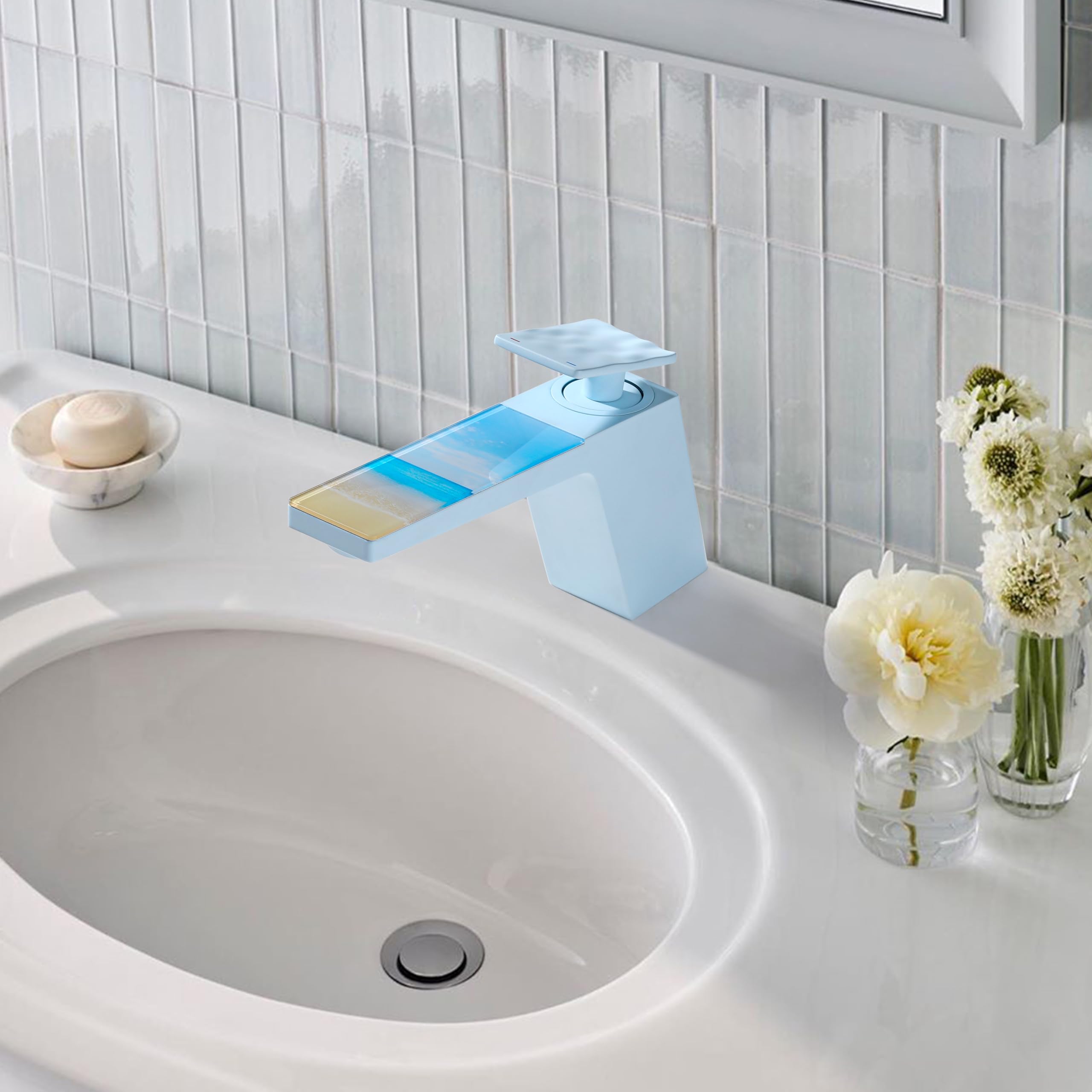 Bathroom Faucet for Sink 1 Hole,Blue Modern One-Handle Single Hole Bathroom Faucet,Brass Sink Vanity Faucets with Supply Hoses for RV Lavatory Restroom