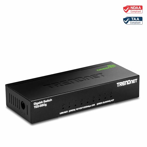 TRENDnet 8-Port Mini Gigabit Switch, TEG-S80g, GREENnet Technology, NDAA + TAA Compliant, Desktop Metal Ethernet Network Switch, 8 x Gigabit Ports, Fanless, Lifetime Protection, Black