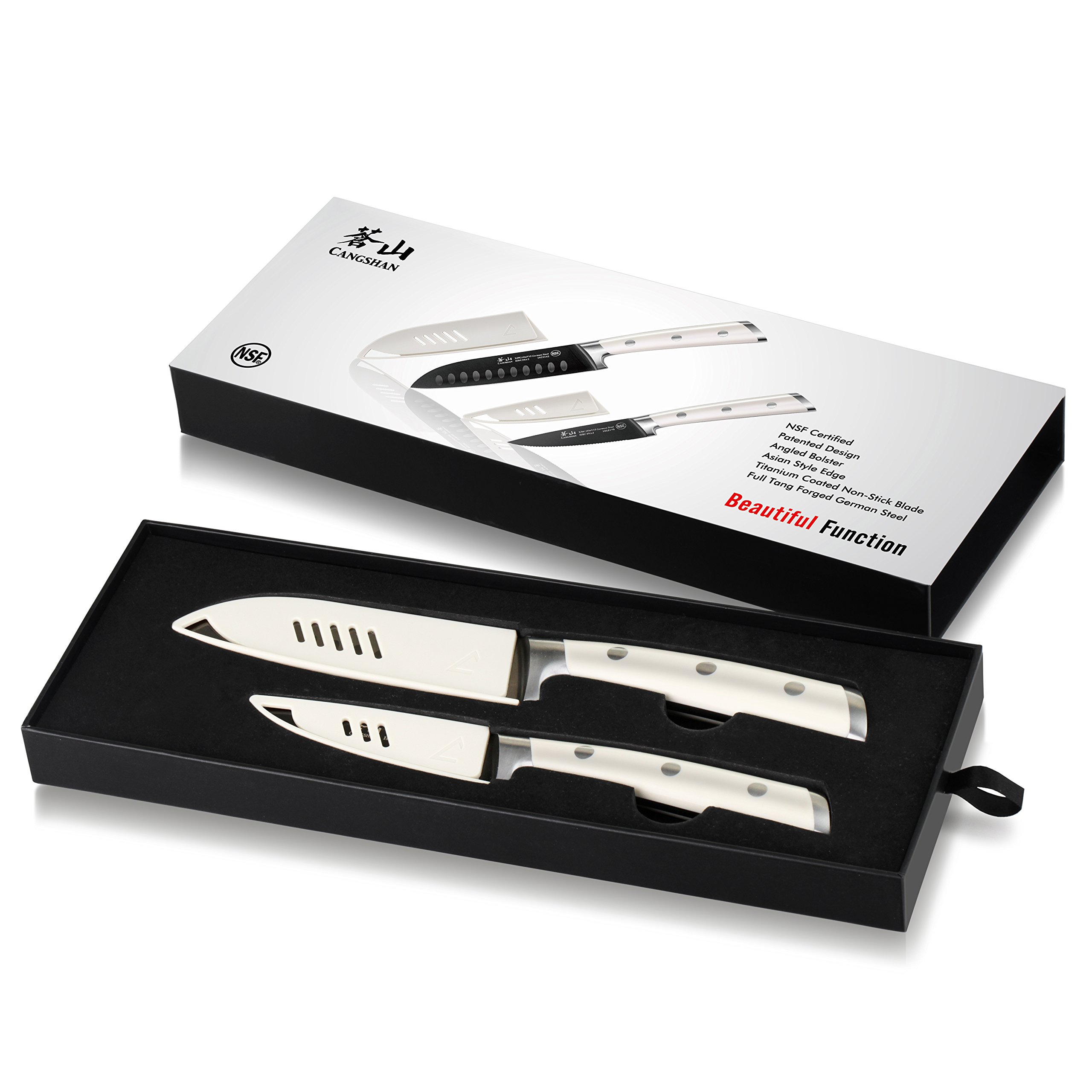 Cangshan S+ Series 1022100 German Steel Forged 2-Piece Titanium Coated Santoku Starter Knife Set with Sheaths, Vanilla White