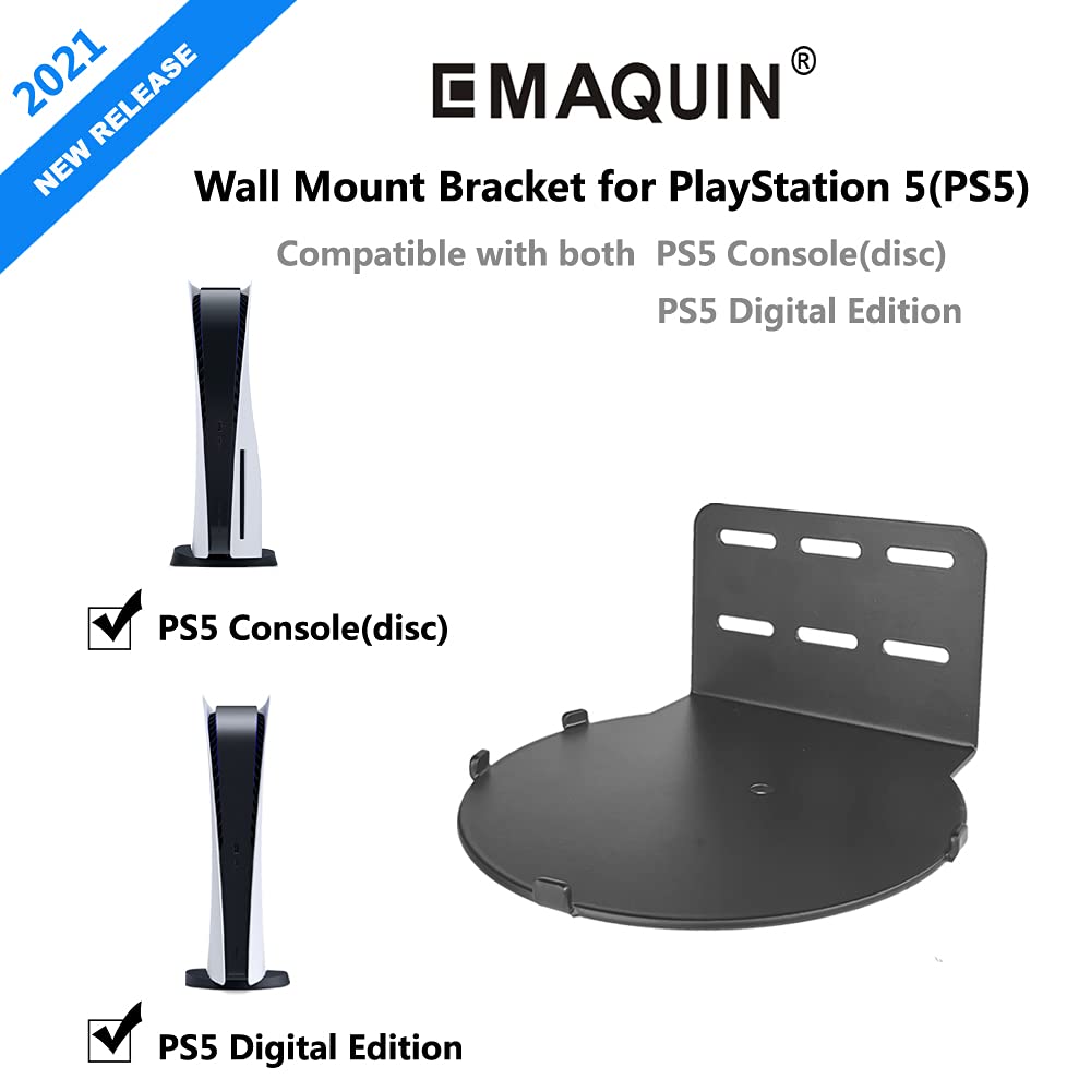 EMAQUIN Wall Mount Bracket for PlayStation 5 (PS5) (Sturdy Metal,Enduring Paint Finish,Easy Install on The Wall,Compatible with Both Console-Disc and Digital Eidtion,Black)