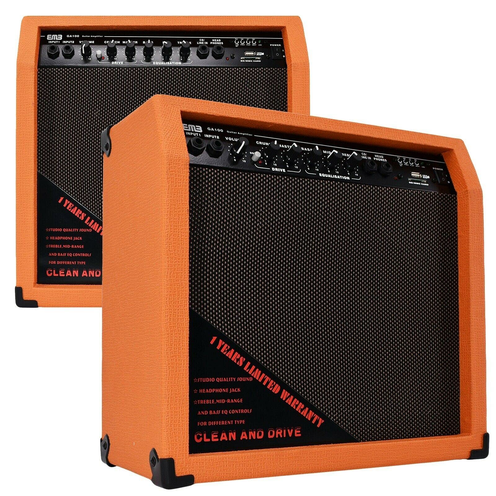 EMB GA100 500W 10" Electric Guitar Amplifier Speaker Portable Powerful Studio and Stage Cabinet PreAMP β with Built in Headphone Jack and 2 Inputs and SD USB AUX Bluetooth (Yellow)