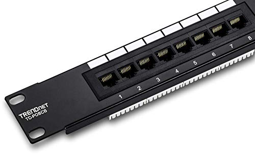 TRENDnet 8-Port Cat6 Unshielded Patch Panel, TC-P08C6, Rackmount, 10 Inch Wide, 8 x Gigabit RJ-45 Ethernet Ports, Pre-Numbered Ports, 250 Mhz Connection, Color Coded Labeling,
