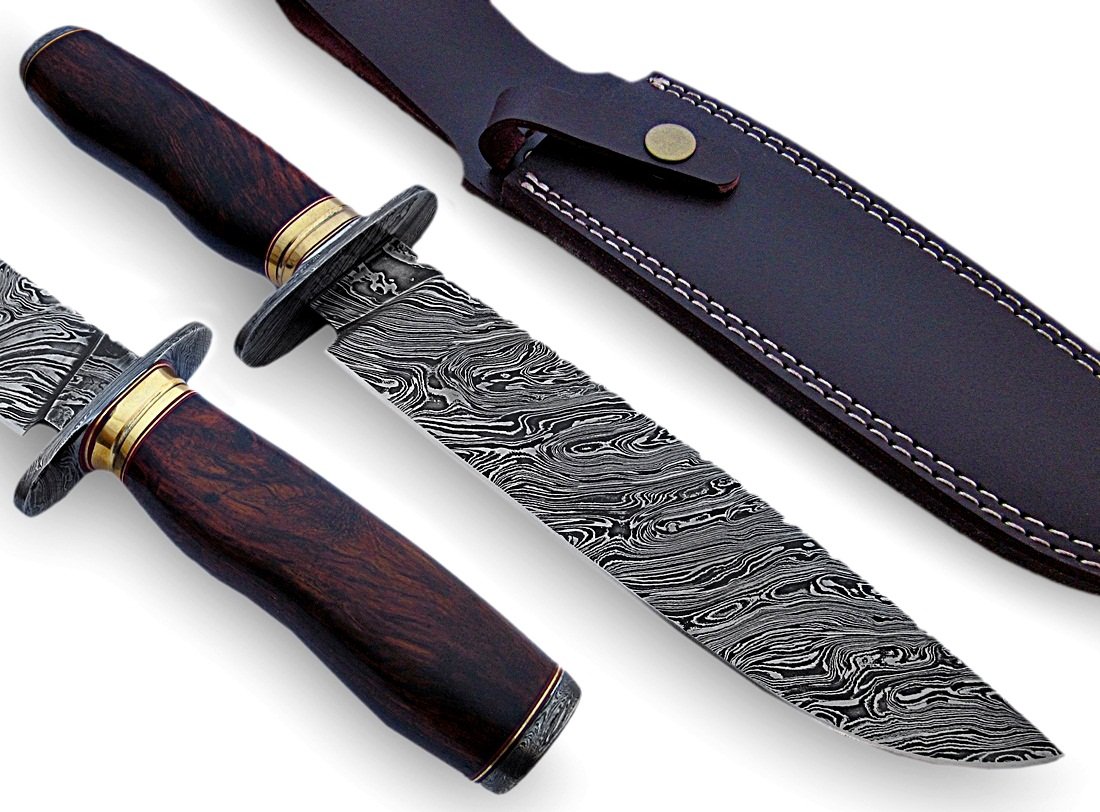AishaTech Onkel Hunting Knife Damascus Steel Blade & Double Bolster Wood Handle