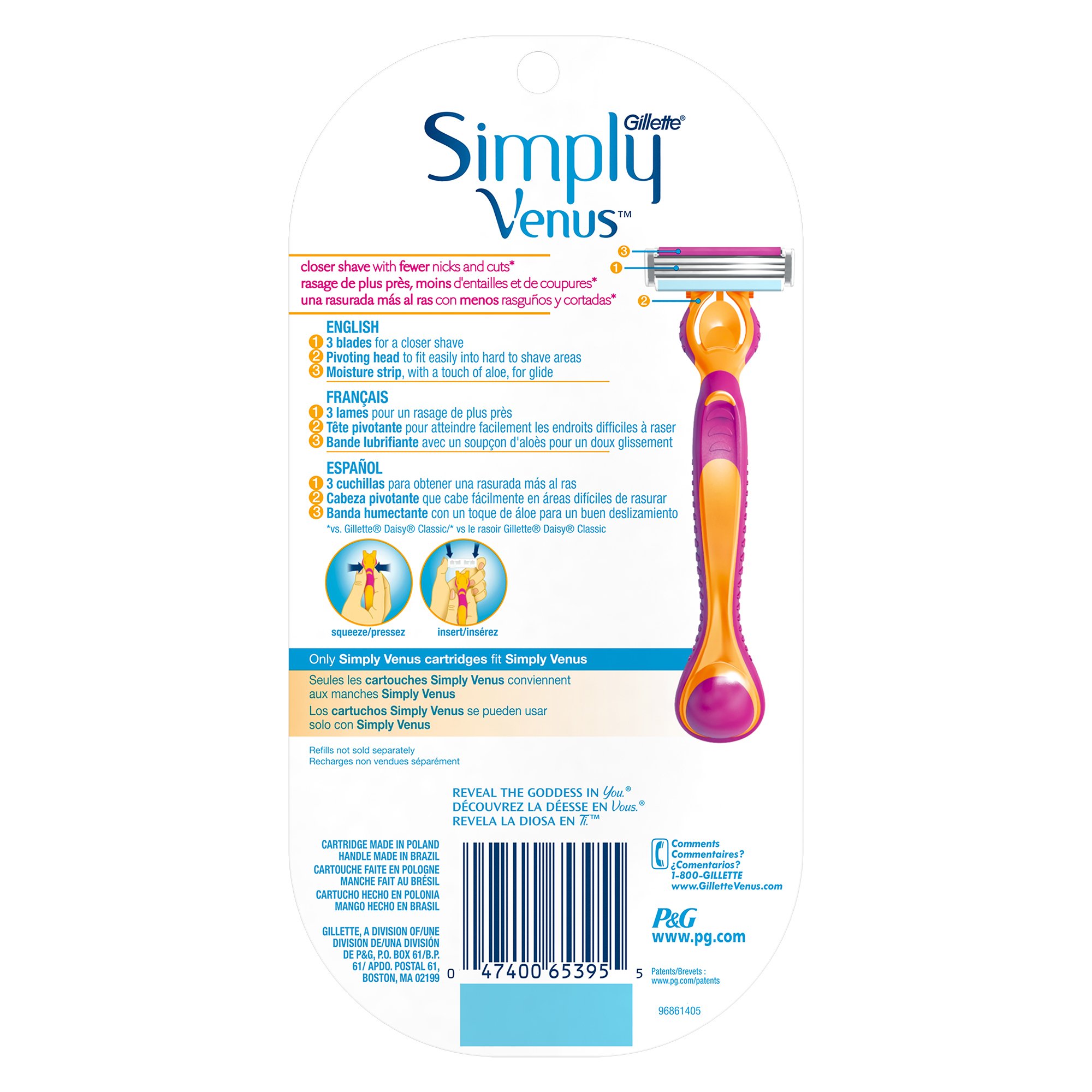Gillette Simply Venus Refillable 3 Blade Razor with 4 Cartridges Refills - Pivoting Head & Moisture Strip, Womens Razors / Blades