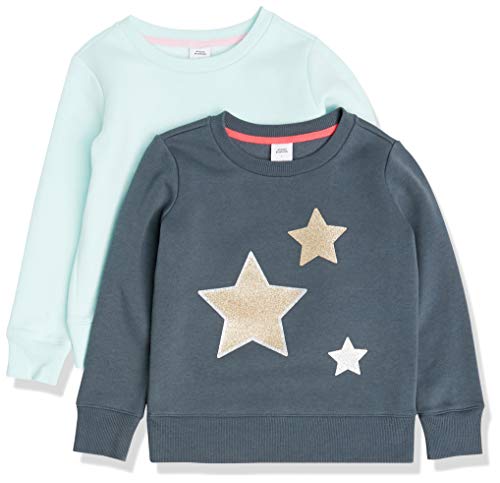 Amazon Essentials Girls' Fleece Crew-Neck Sweatshirts, Pack of 2, Aqua Blue/Dark Grey Stars, X-Large