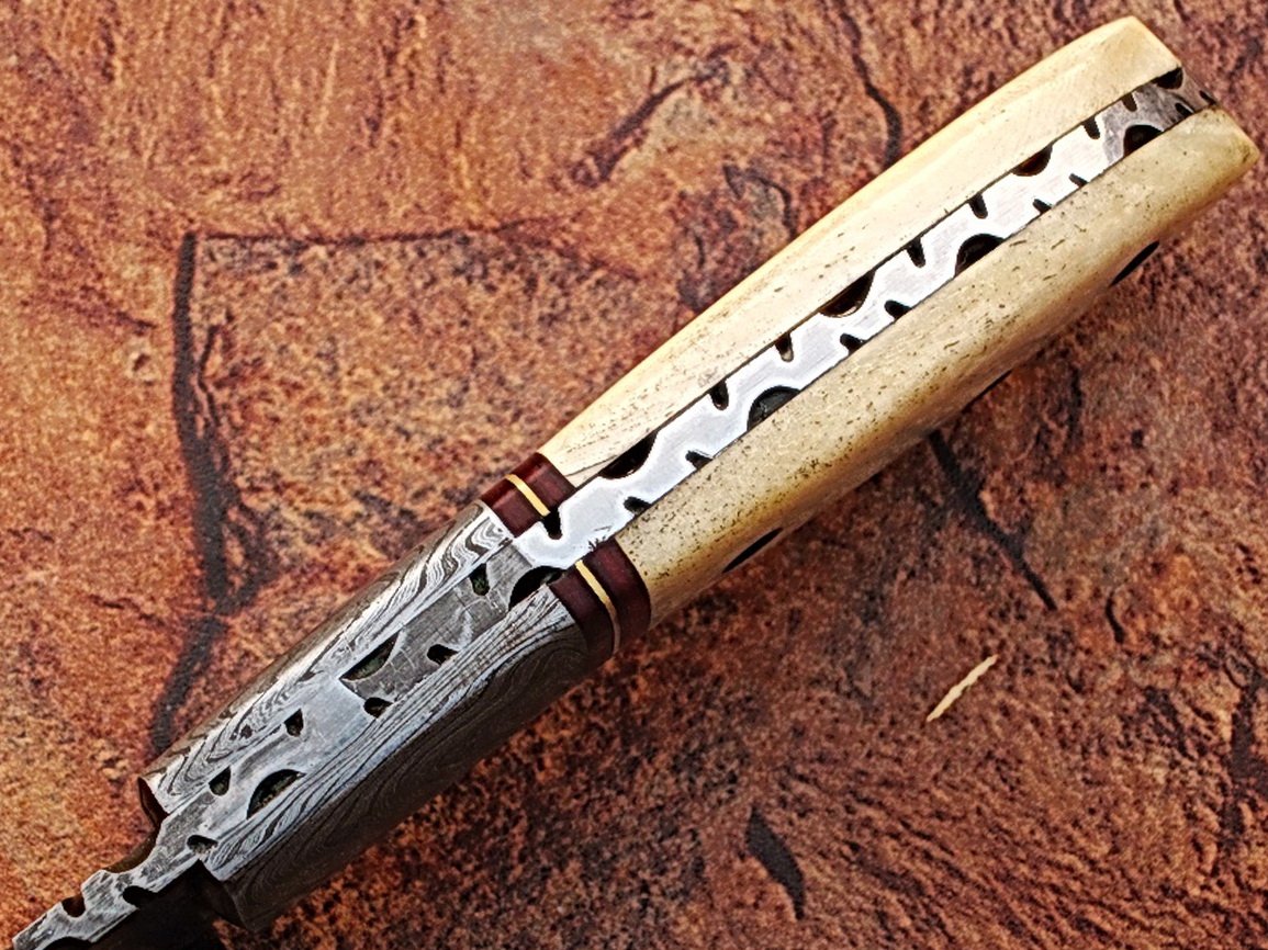 AishaTech Red Circle Hunting Knife Damascus Steel Blade Bone Handle