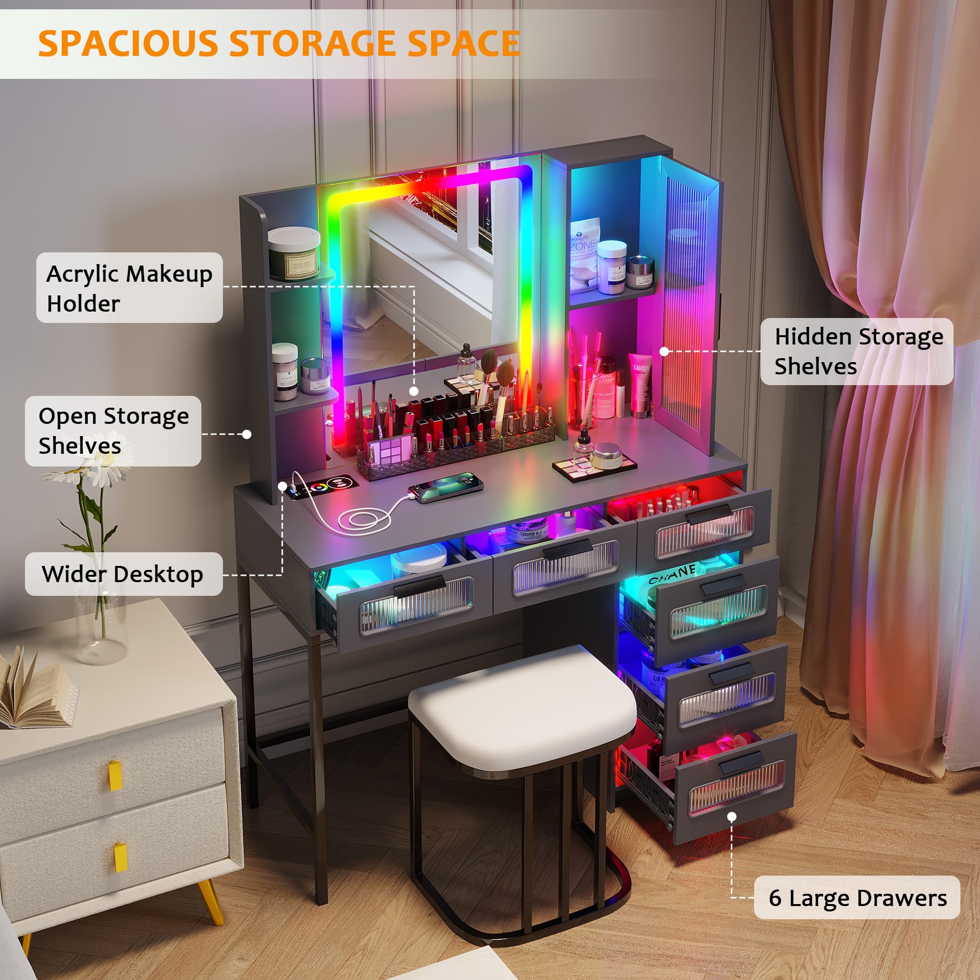 SKKTKT RGB LED White Vanity Desk with Mirror and Lights, 39.5" Makeup Vanity Table with Auto Sensor Flow Dazzling Lights and Wireless/USB/Type C Charging, Dressing Table with Stool and 6 Drawers