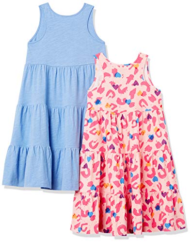 Amazon Essentials Girls' Knit Sleeveless Tiered Dresses (Previously Spotted Zebra), Pack of 2, Blue/Pink Leopard, Small