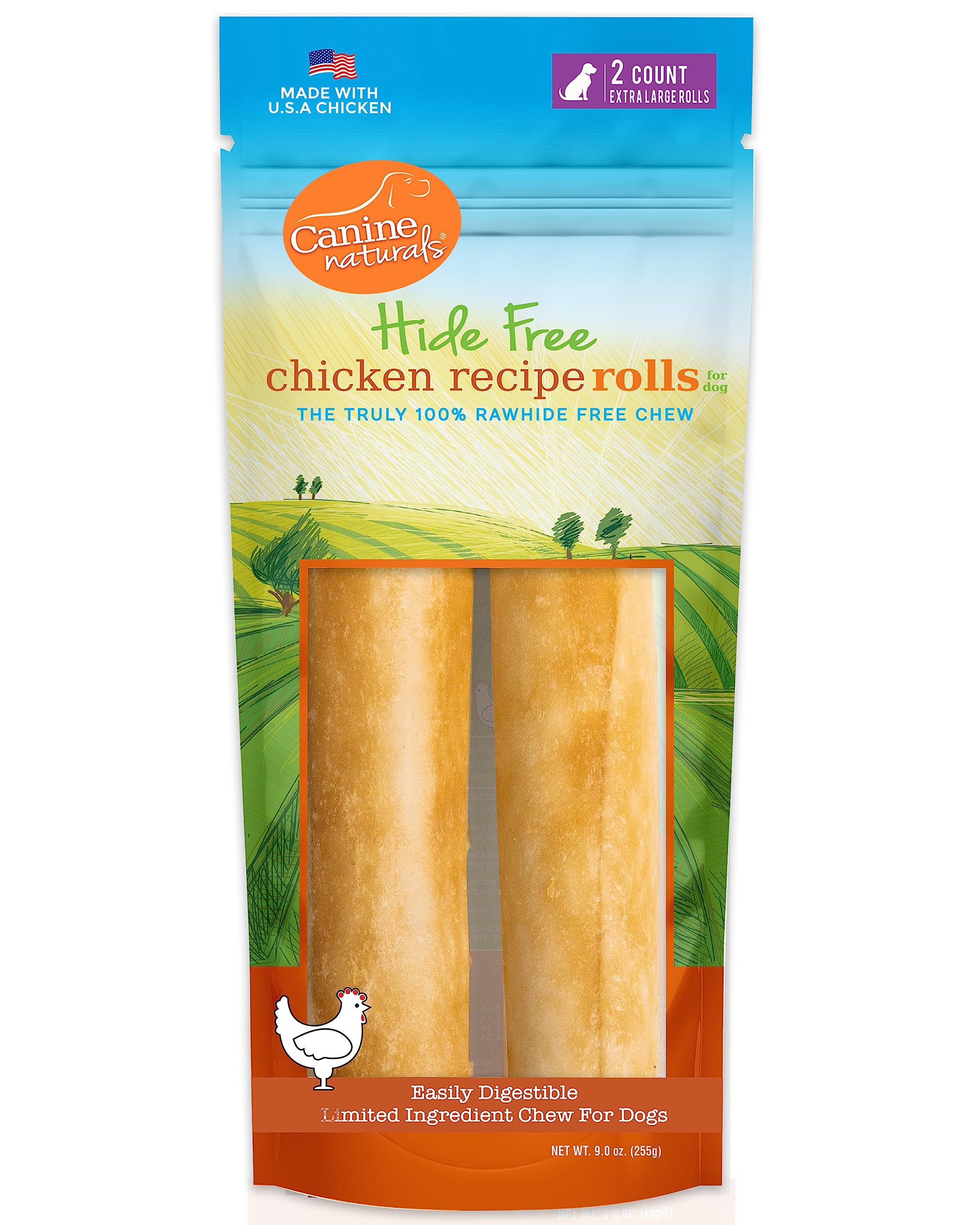 Canine Naturals Chicken Recipe Chew - Rawhide Free Dog Treats - Made from USA Raised Chicken - All-Natural and Easily Digestible - XL (2 Count) for Dogs 75lb+