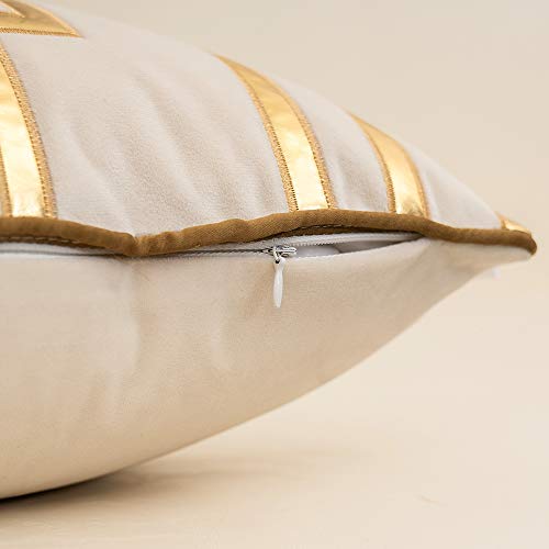 Alerfa White Geometric Gold Leather Striped Throw Pillow Covers 18x18 Inch, Luxury European Cushion Cases Decorative Pillows for Couch Living Room Bedroom 45 x 45cm
