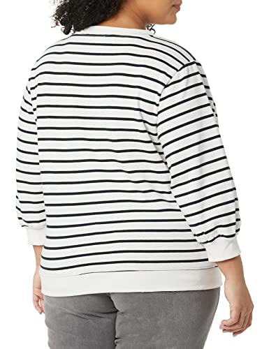 Amazon Essentials Women's French Terry Fleece Sleeve Detail Crewneck Sweatshirt, Black White Stripe, Large