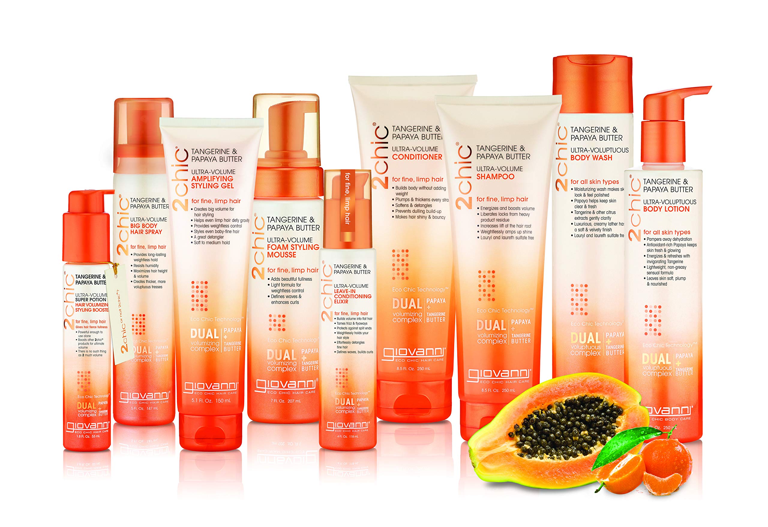 GIOVANNI 2chic Ultra-Volume Leave-In Conditioning & Styling Elixir - Builds Volume, Promotes Weightless Control for Fine/Thin Hair, Volumizing Formula with Papaya & Tangerine Butter, Color Safe - 4 oz