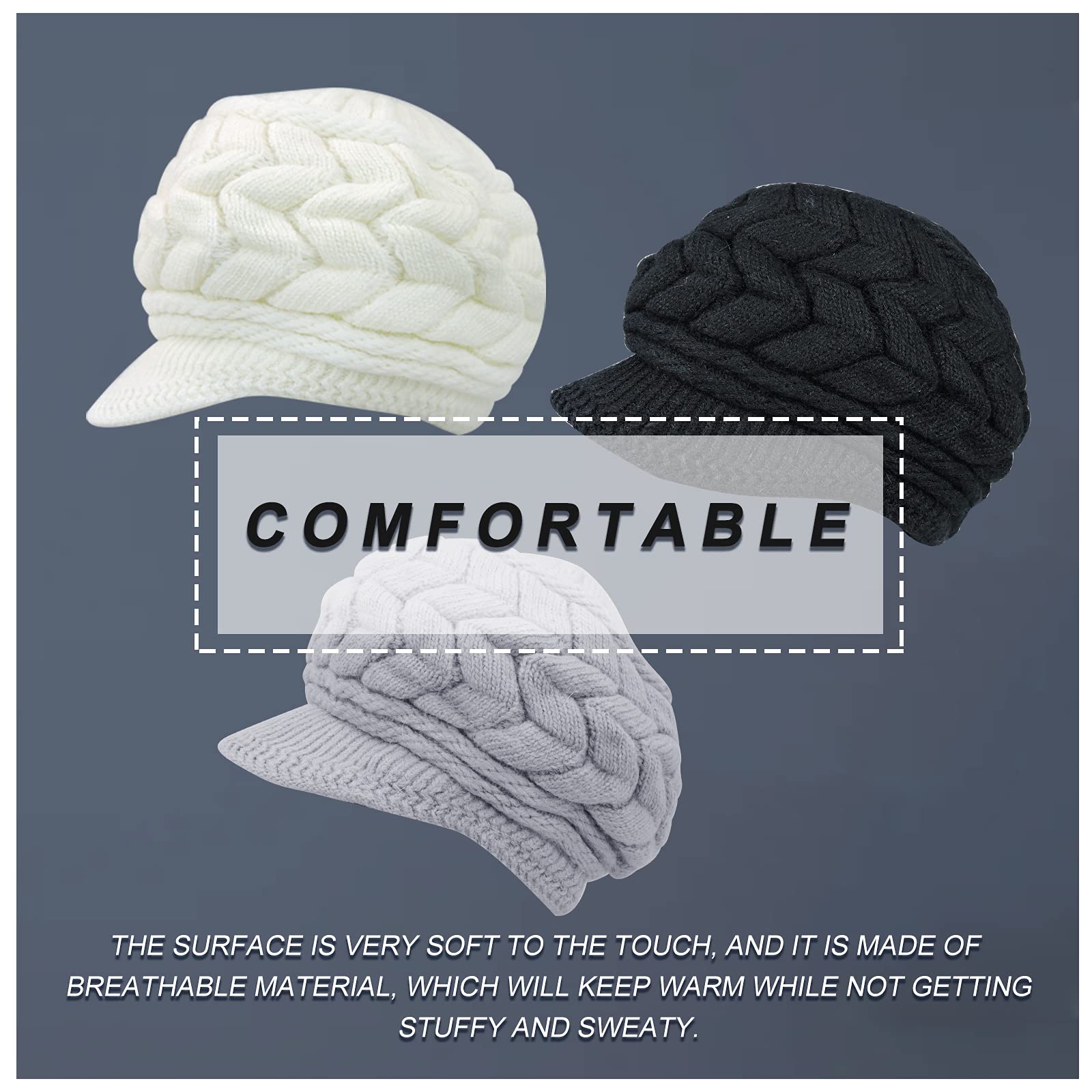 Andiker Women Winter Knit Hat with Brim, Elegant Beanie Cap with Warm Fleece Lined (Black)