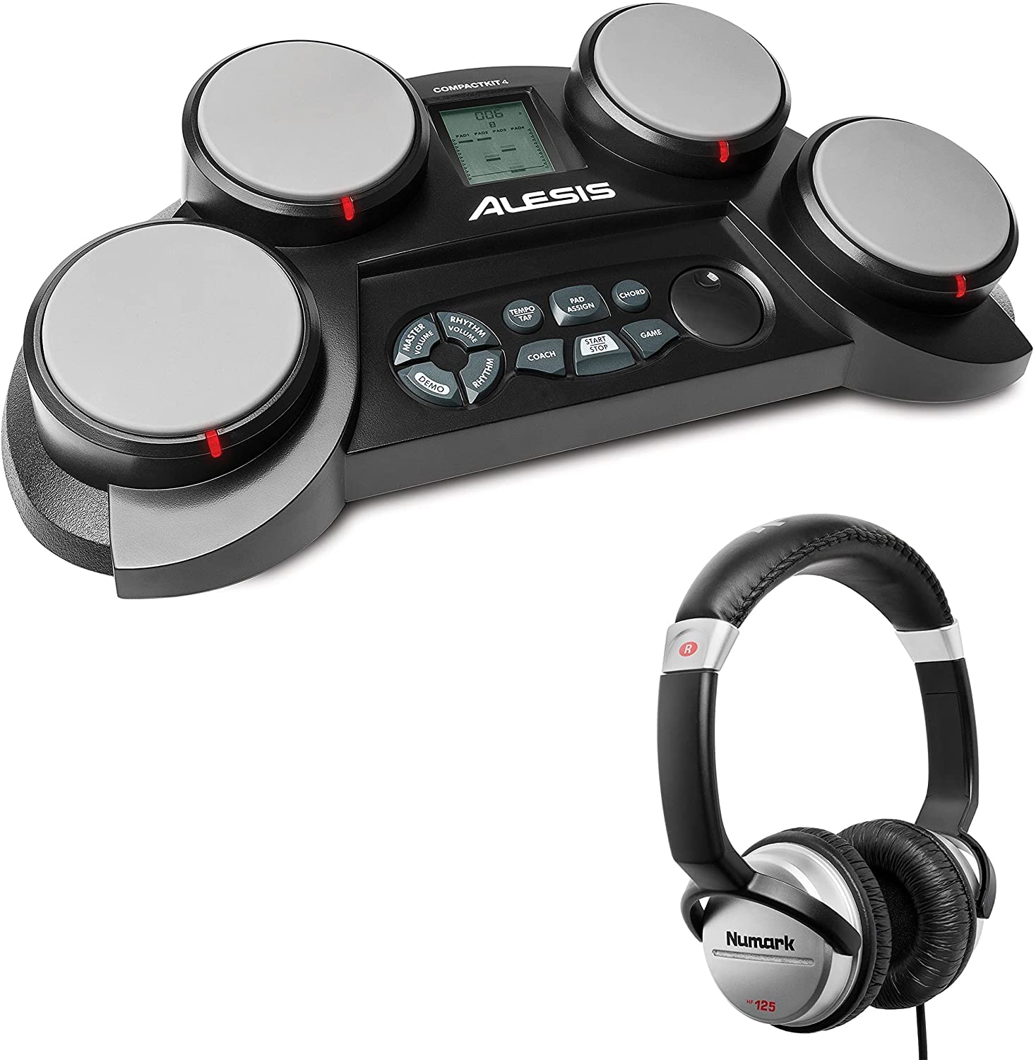 Alesis Compact Kit 4 - Portable 4-Pad Tabletop Electronic Drum Kit with Velocity-Sensitive Drum Pads + Numark HF125 - On-Ear Headphones with 6ft Cable