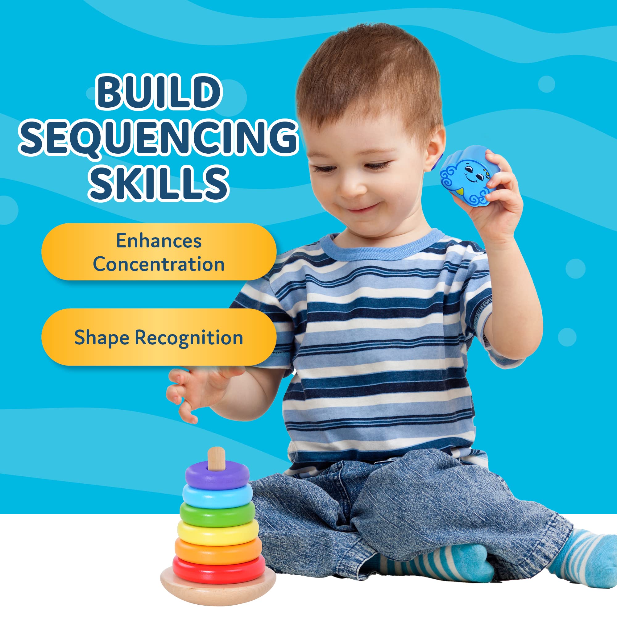 CoolToys Stack n’ Sort Toddler and Baby Learning Toys Set - 3 Fine Motor Skills Educational Toys for Toddlers, Wooden Stacking Rings, Stacking & Nesting Cups, Wooden Baby Puzzle, Ocean Theme