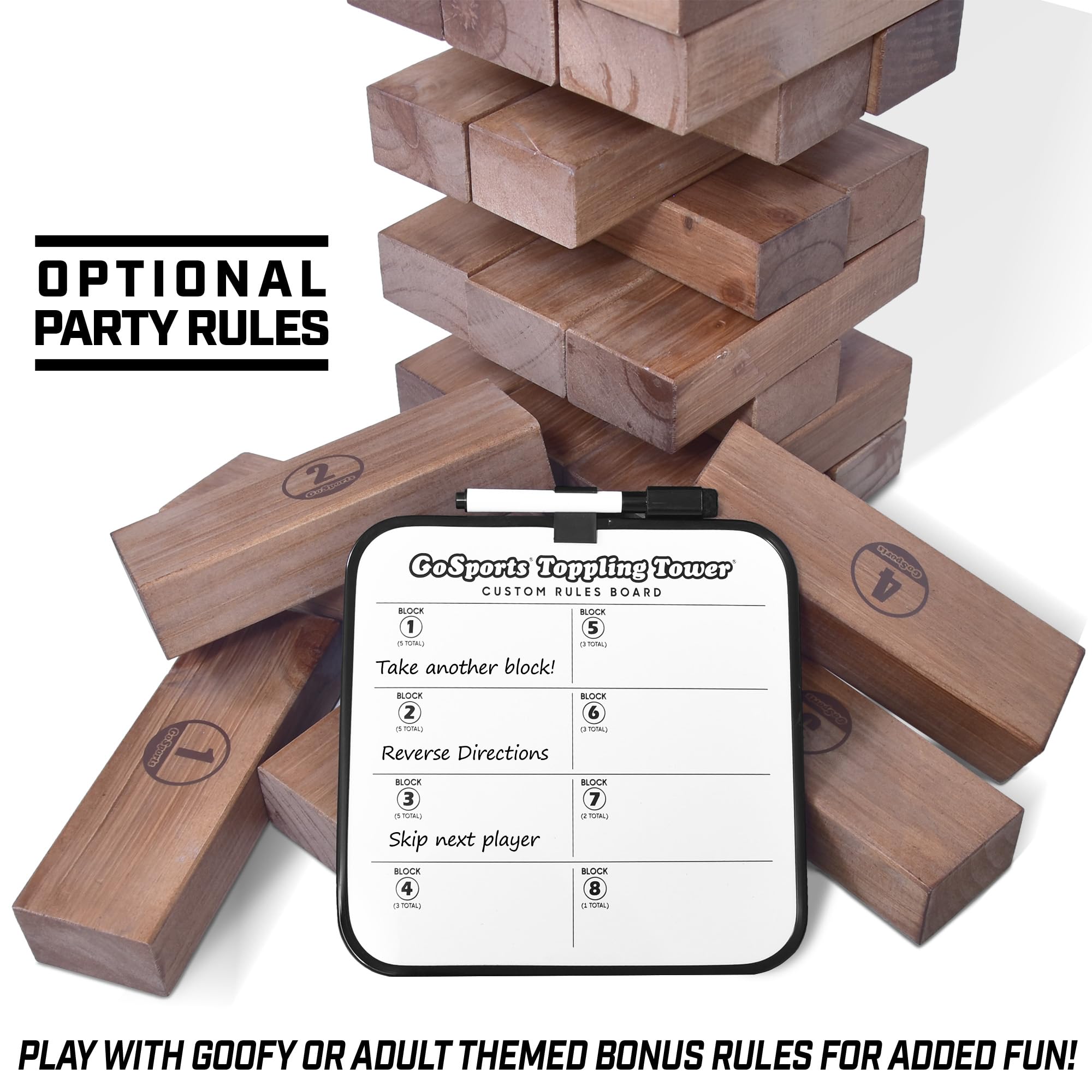 GoSports Giant Wooden Toppling Tower - Stacks Up to 5 ft - Brown Wood Stain