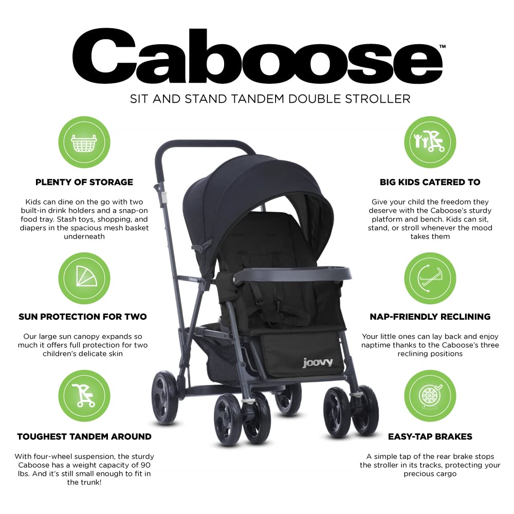 Joovy Caboose Sit and Stand Double Stroller with Rear Bench and Standing Platform, 3-Way Reclining Seats, Optional Rear Seat, and Universal Car Seat Adapter (Amber)