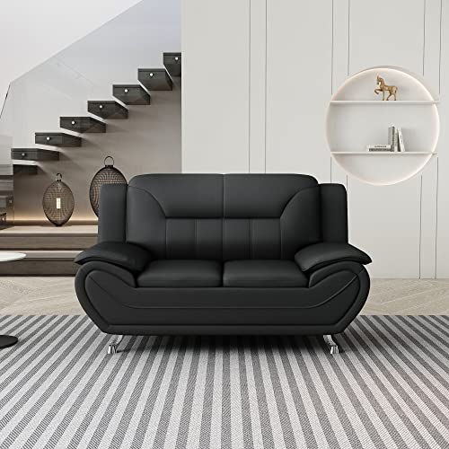 Container Furniture Direct Michael Modern Faux Leather Upholstered Stainless Steel Legs Living Room Loveseat, Black