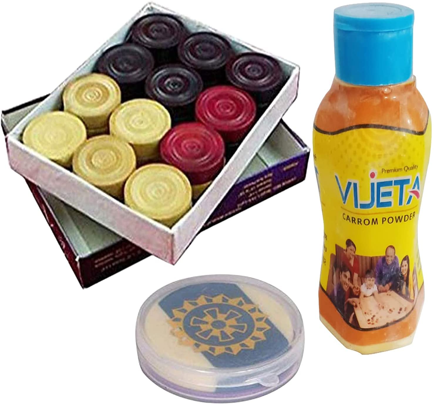 Carrom Combo 50 gm Disco Carrom Powder 1 Set Wooden Carrom-Men Coins & 1 Wooden Striker
