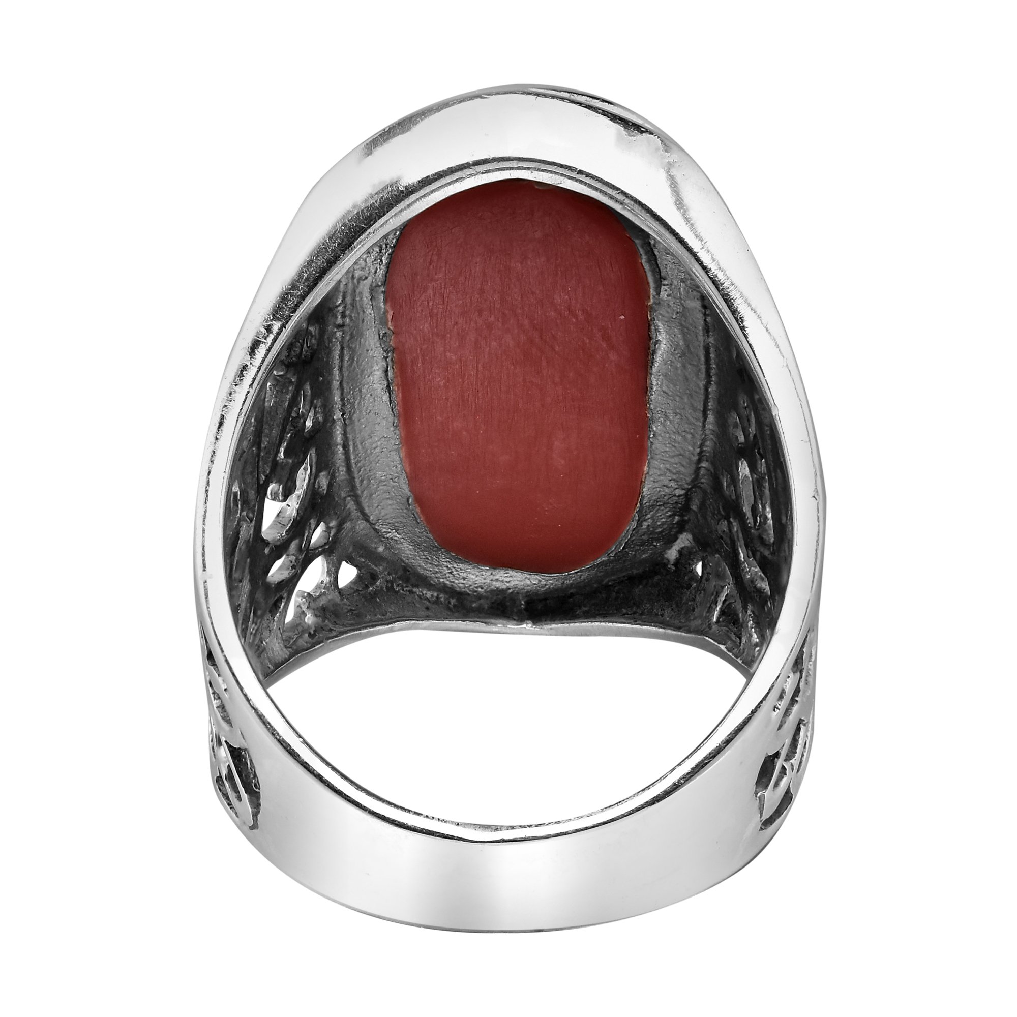 AeraVida Bold Lrg Oval Reconstructed Red Coral Intricate Heart Filigree .925 Sterling Silver Ring (8)