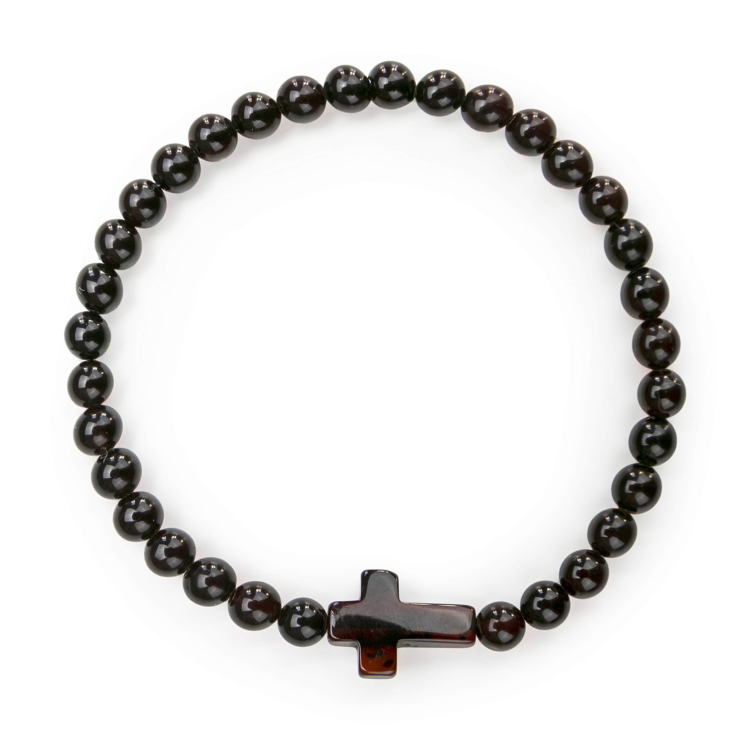 Amber Culture Amber Cross Bracelet - Handmade 5mm Beads 100% Baltic Natural Baltic Amber Stone - Stretch Unisex with Gift Box Dark Cherry Color
