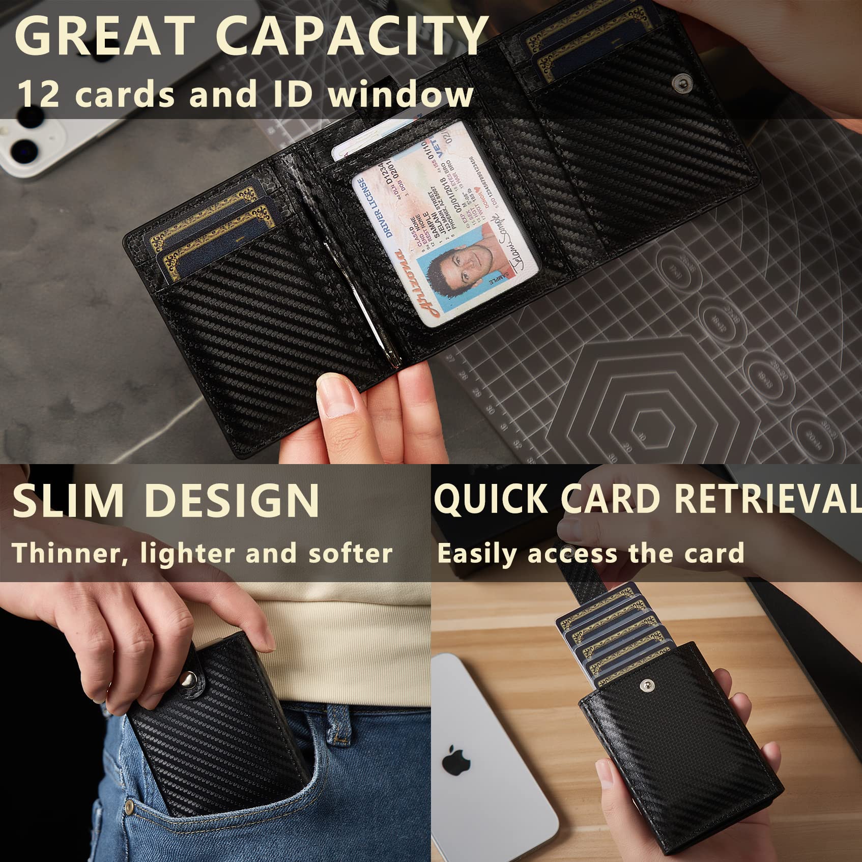 Aiuwo Wallet for Men,Men's Trifold Durable Wallets with ID Window Large Capacity Leather Wallet with Gift Box (Carbon Leather)