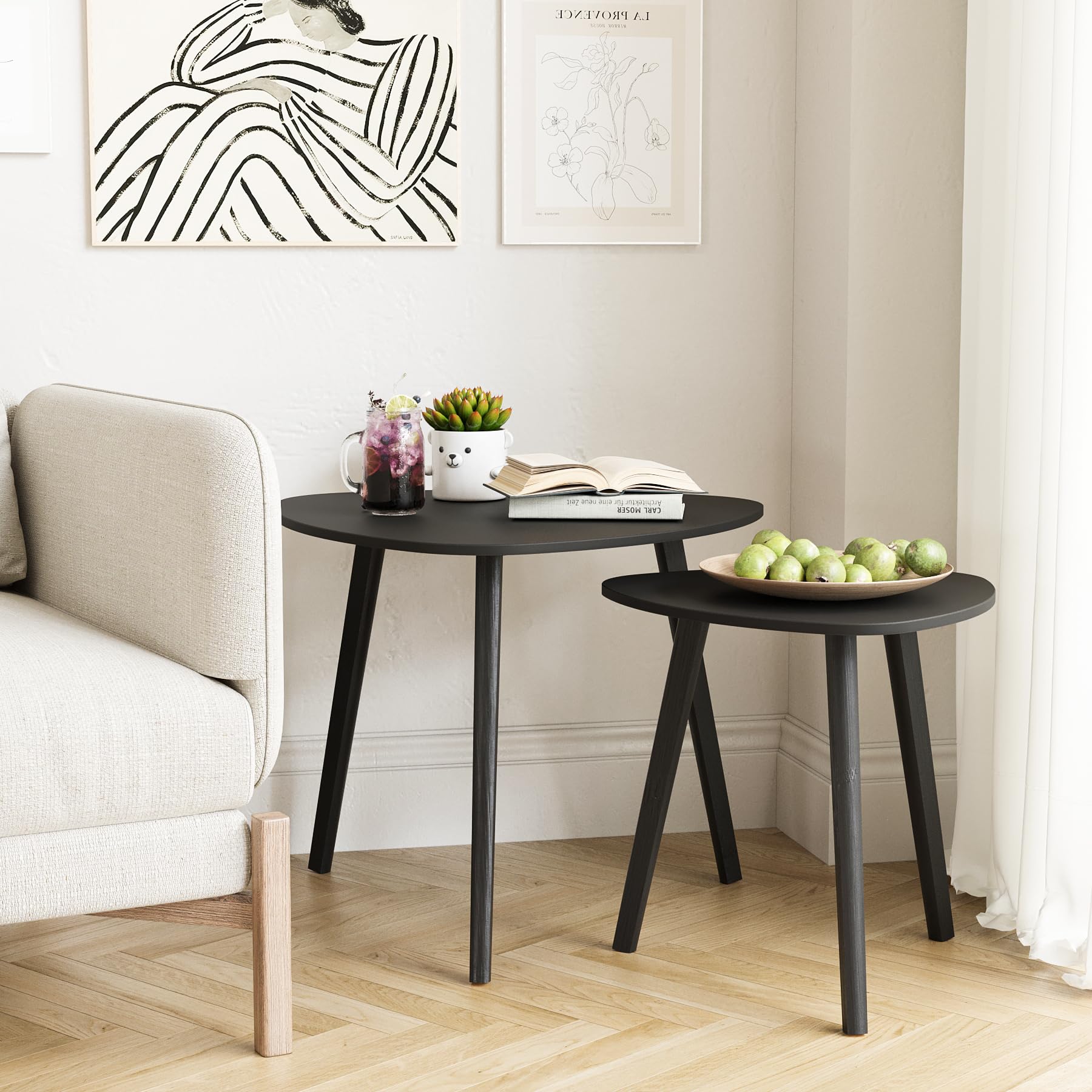BAMEOS Bamboo Nesting Triangle End Table,Set of 2 Coffee Table Modern Minimalist Side Table for Living Room (Black)