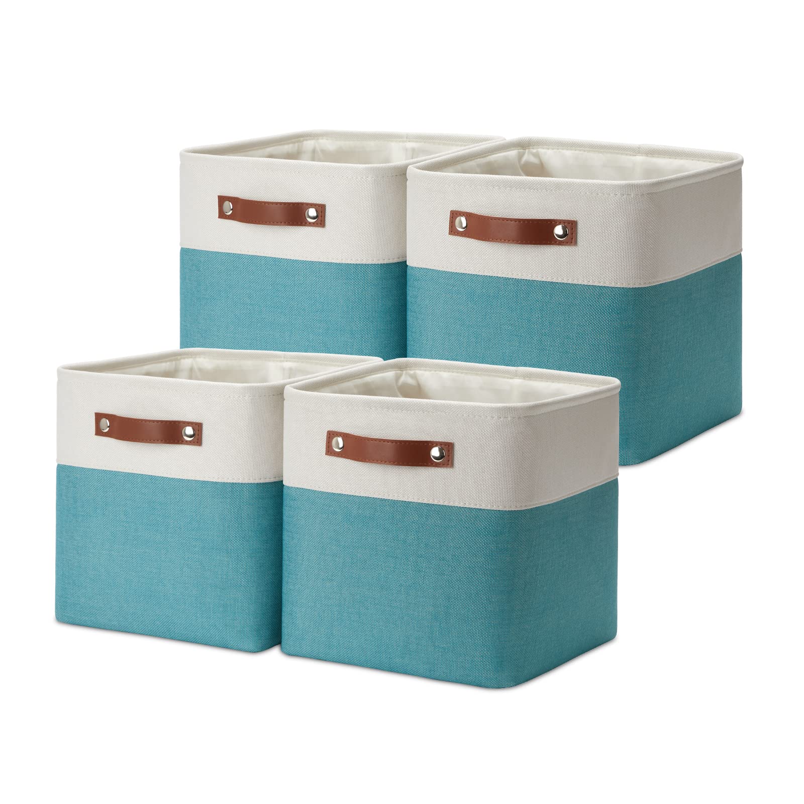 DULLEMELO Foldable Storage Cubes 11 x 11 Organizer Bins,Canvas Storage Bins Empty Gift Baskets for Organizing with SturdyLeather Handles, Closet Baskets for Nursery Storage(4 Pack - 11" White&Teal)