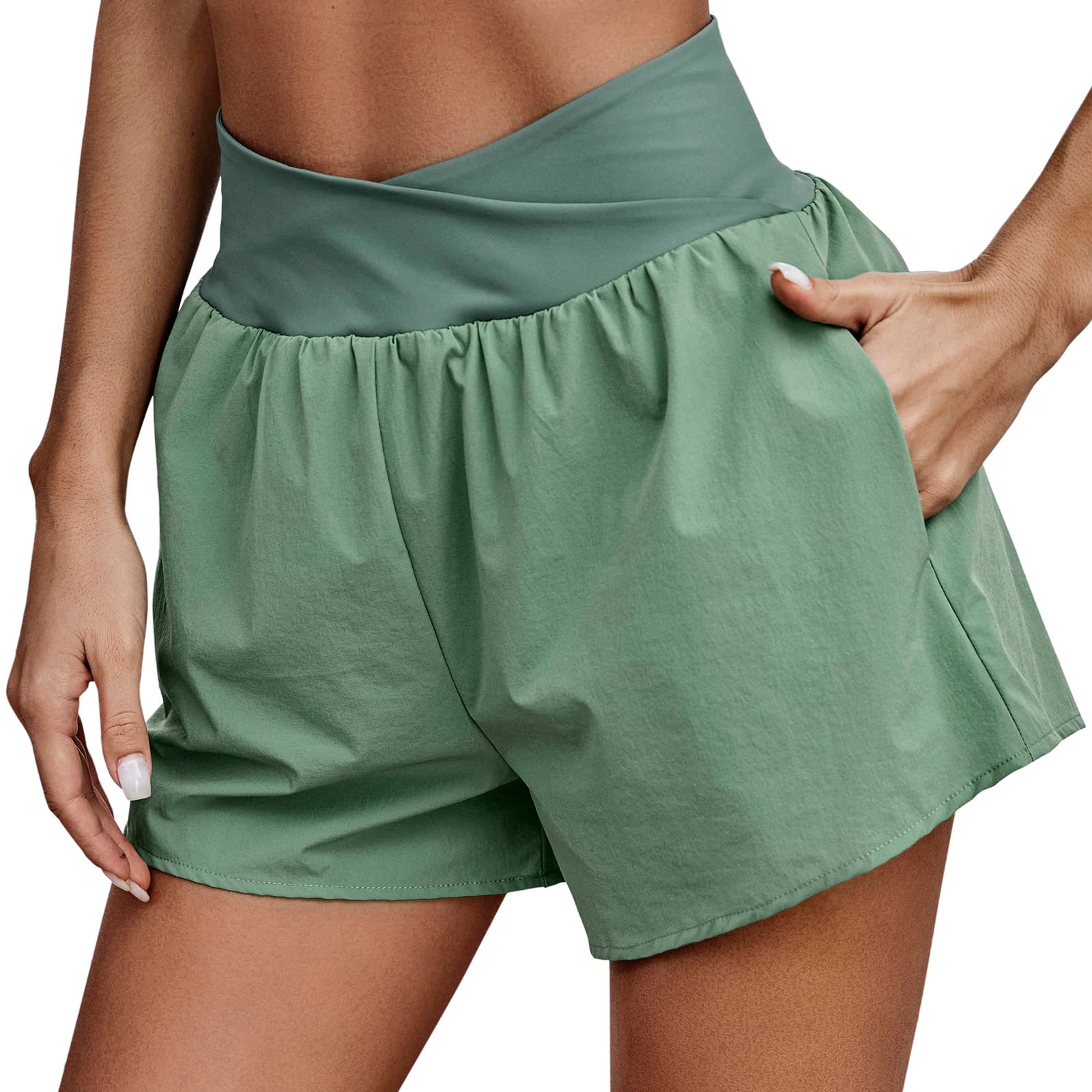 Angashion Womens Shorts, Summer Casual High Waisted Running Shorts Side Pockets Athletic Shorts with Liner for Workout Gym Green Large