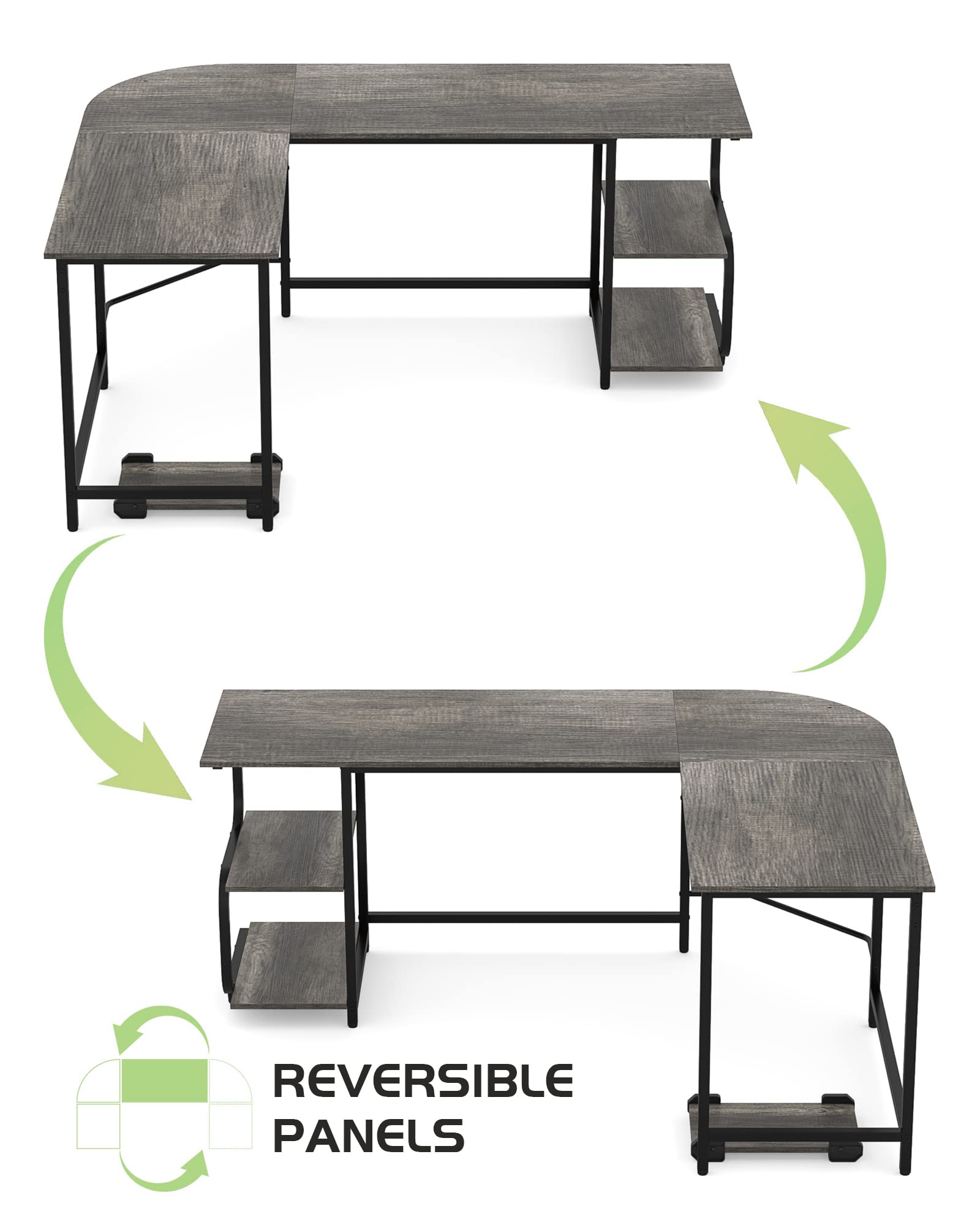 Teraves Reversible L Shaped Desk with Large Surface, 61 Inch Sturdy Corner Desk with Storage Shelves, Premium Office Computer Desk Workstation for Home Office Gaming