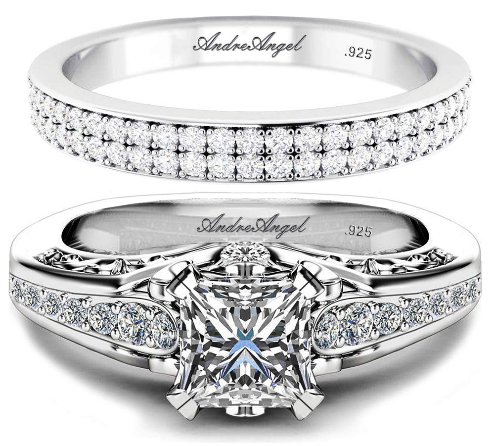 AndreAngel Engagement Ring Set for Women 2 pcs, Princess Cut 0.75 Carat, Solid Sterling Silver 925, 50 Cubic Zirconia Stones High Grade AAAAA+