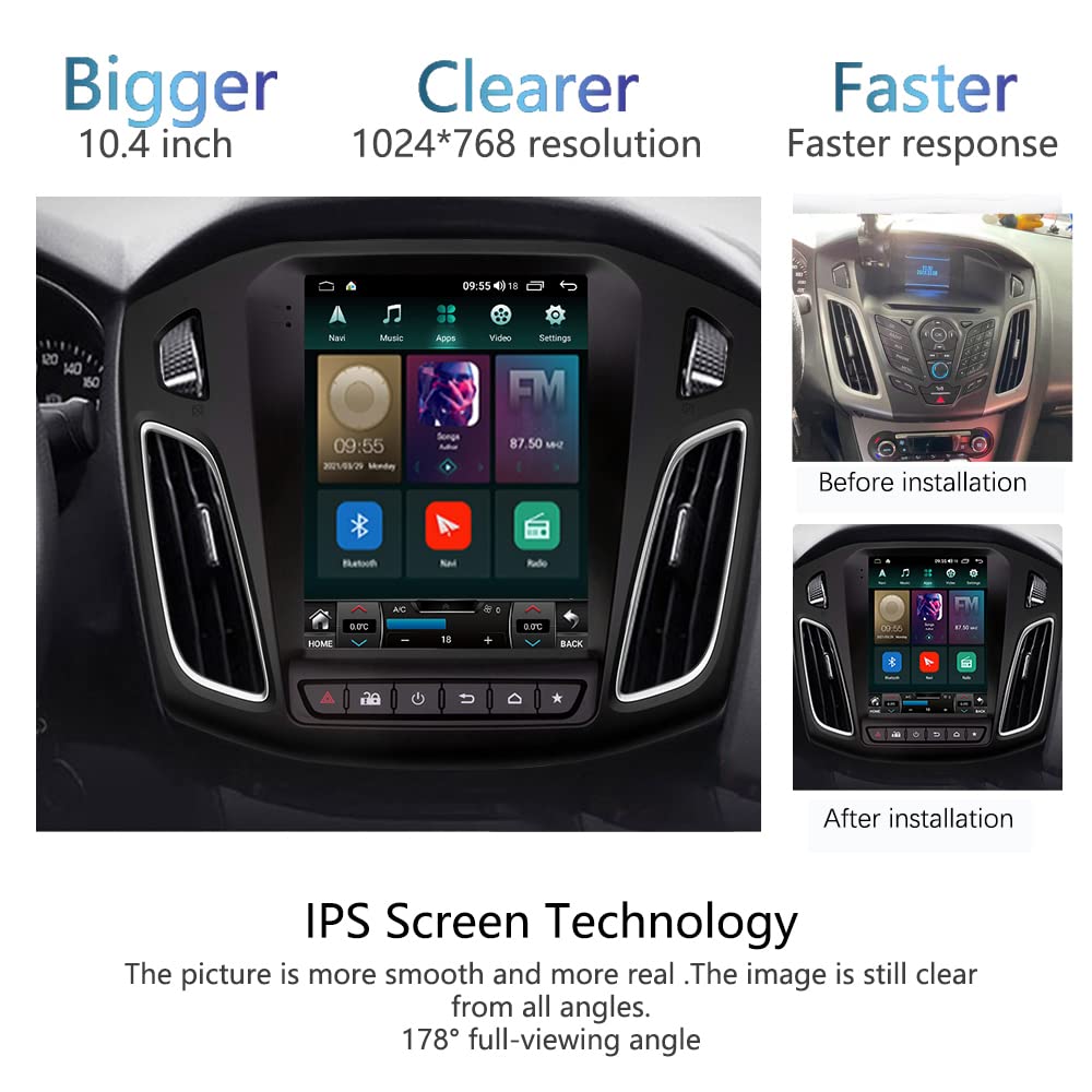Android 10 Touch Screen Car Stereo with Bluetooth for Ford Focus 2012-2016,4+64GB Carplay and Android Auto,10.4 Inch IPS Screen,Car Radio with GPS Navigation,DSP,Voice Control,Back-up Camera