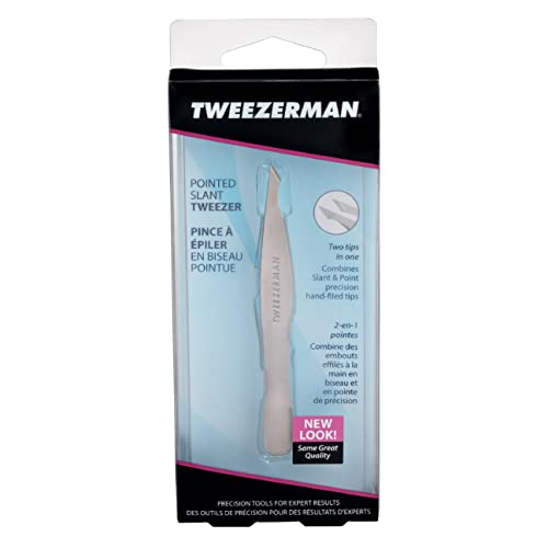 Tweezerman Stainless Steel Slanted Point Tweezer - Eyebrow Precision Tweezers, Facial And Ingrown Hair Removal (Classic Stainless)