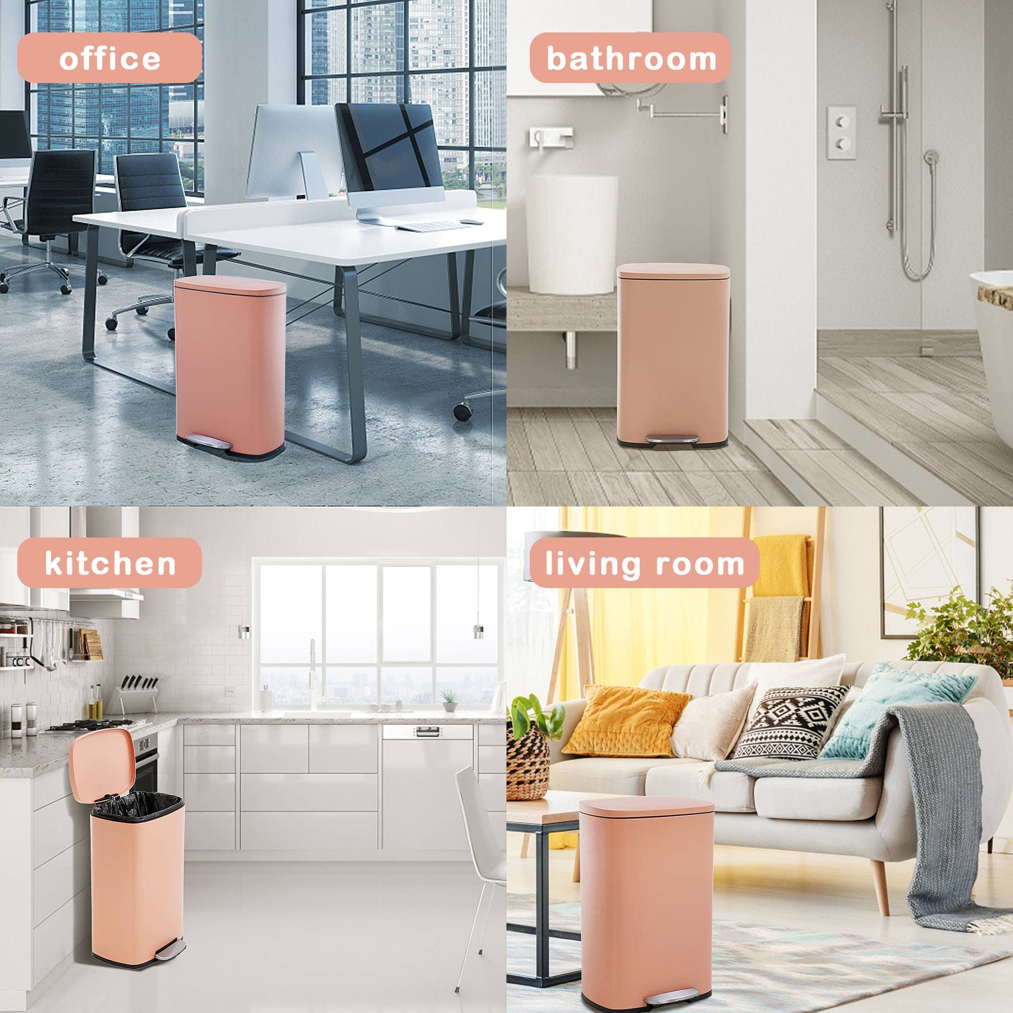 YIQIEDEY 13 Gallon Stainless Steel Touch Free Trash Can with Lid and Removable Inner Bucket, Pink, 50 Liters