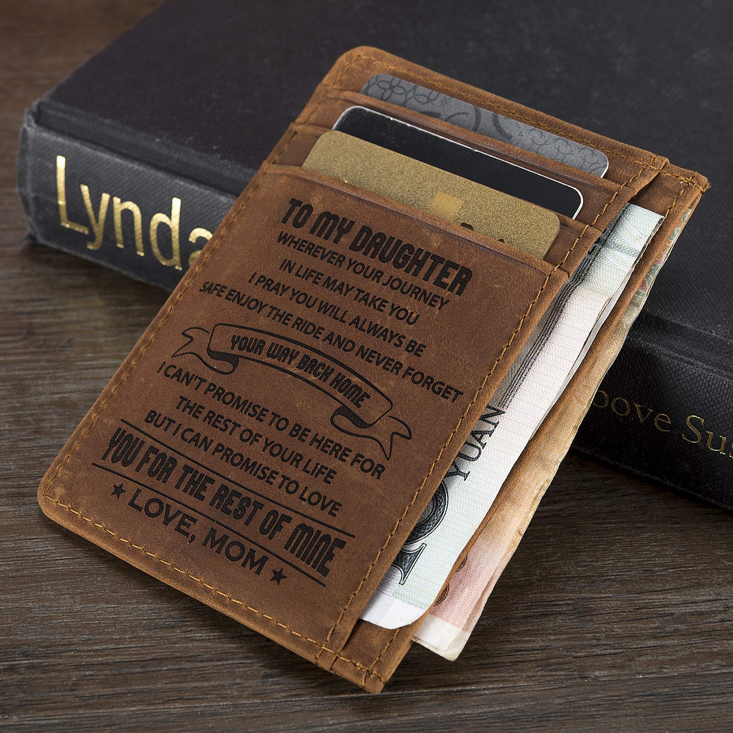Engraved Minimalist Front Pocket RFID Blocking Wallets for Men&Women Mini Credit Card Holder Purse Thin Genuine Leather Brown Gift for Birthday, Anniversary or New Year - To My Daughter from Mom