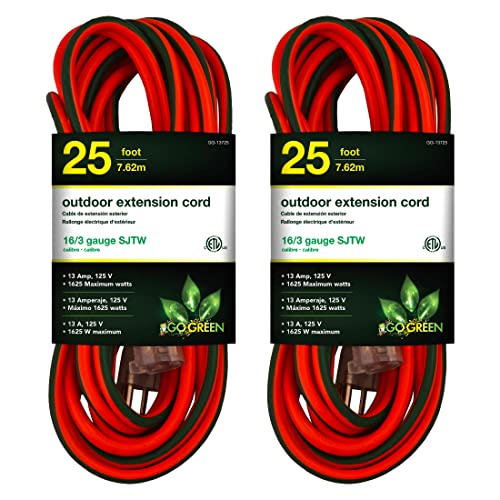 GoGreen Power GG-13725 16/3 25’ SJTW Outdoor Extension Cord, Lighted End, 25 Ft (2 Pack)