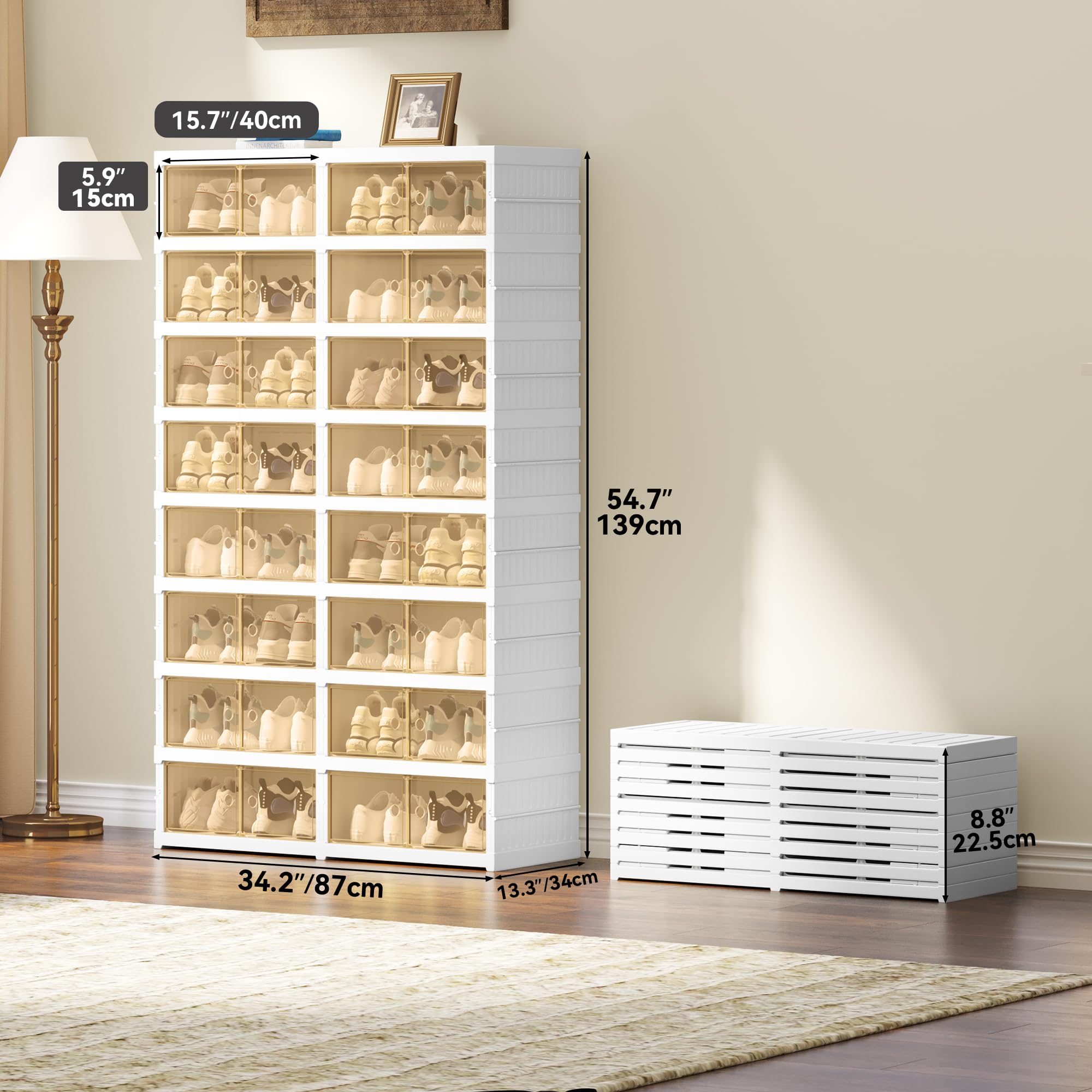 YITAHOME 8 Tiers-32 Pairs Easy Assembly Shoe Rack with Magnetic Doors, Foldable Shoe Storage Boxes for Closet, Collapsible Shoe Cabinet Sneaker Organizer for Entryway, Living Room, Closet (White)