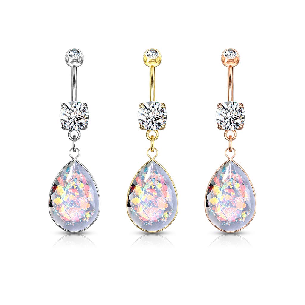 Amelia Fashion 14GA Rainbow Glitter Opalite Stone Dangle Belly Button/Navel Ring 316L Surgical Steel (Choose Color) (Gold/Clear)