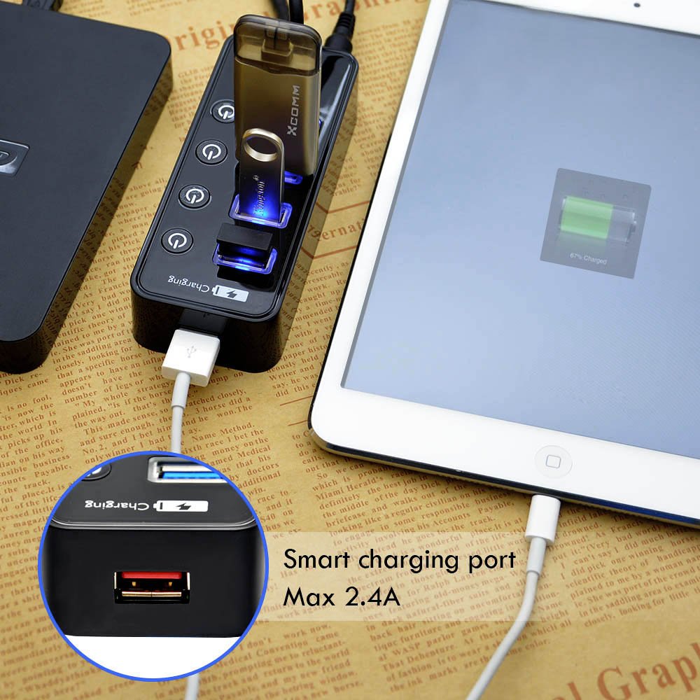 USB Hub 3.0 Powered, LYFNLOVE USB Extender 4-Port Data USB Hub with Power Adapter and 1 Smart Charging Port, USB Splitter with On/Off Switches for MacBook, Mac Pro/Mini, iMac, Surface Pro Laptop/PC