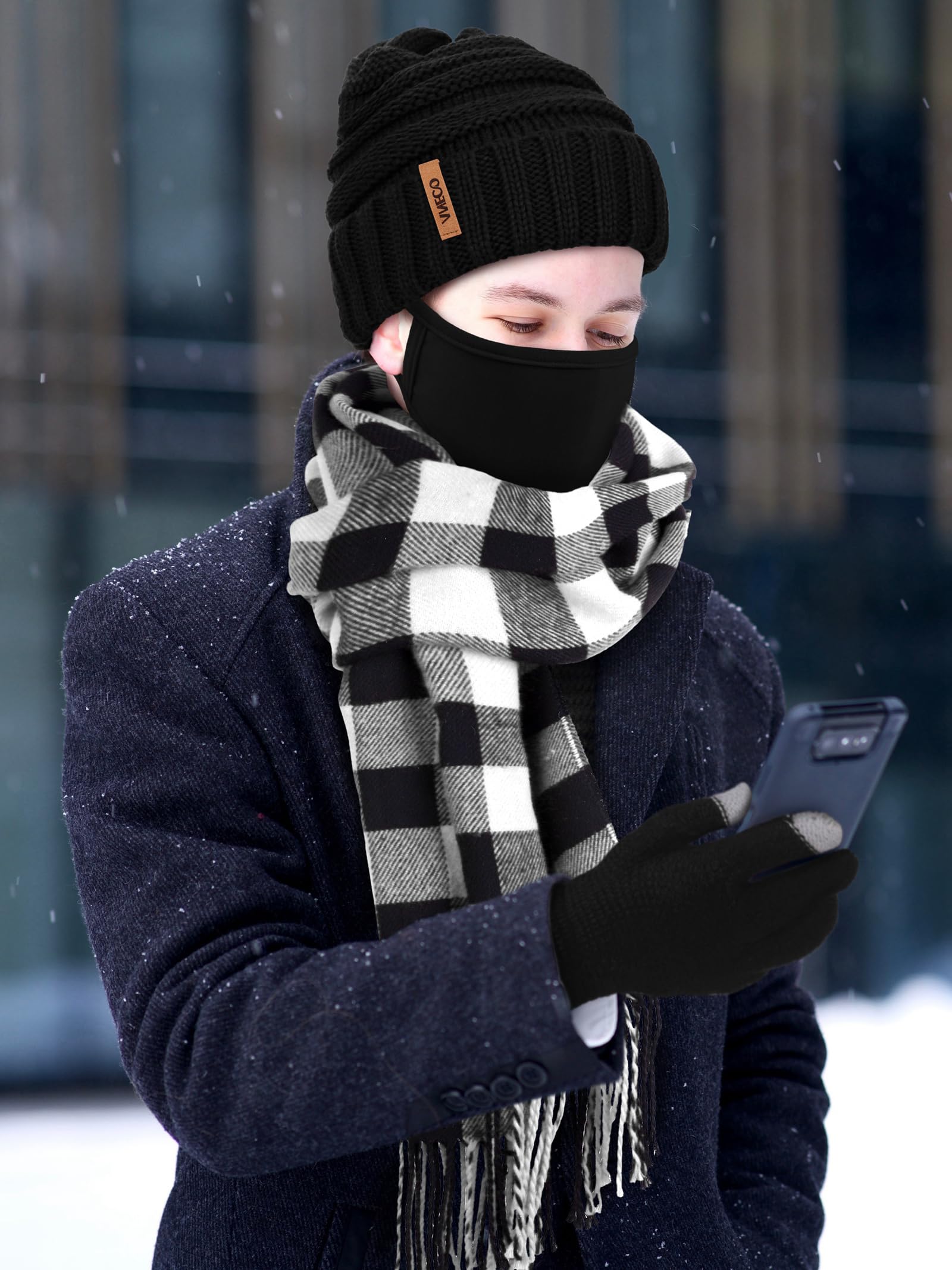 Aneco Winter Warm Sets Buffalo Plaid Scarf Knitted Beanie Hat Gloves Earloop Warm Cover for Men and Women