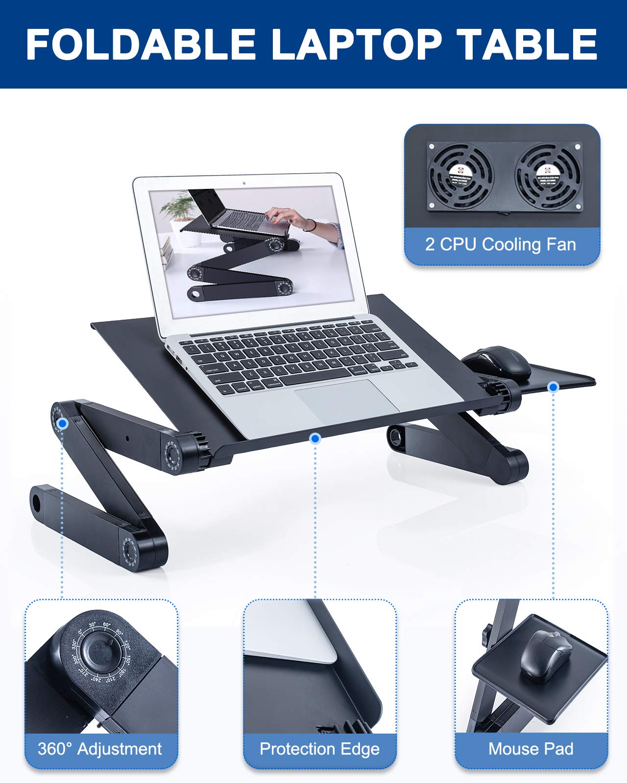 Adjustable Laptop Stand, RAINBEAN Laptop Desk with 2 CPU Cooling USB Fans for Bed Aluminum Lap Workstation Desk with Mouse Pad, Foldable Cook Book Stand Notebook Holder Sofa, Bed Table Office Tray