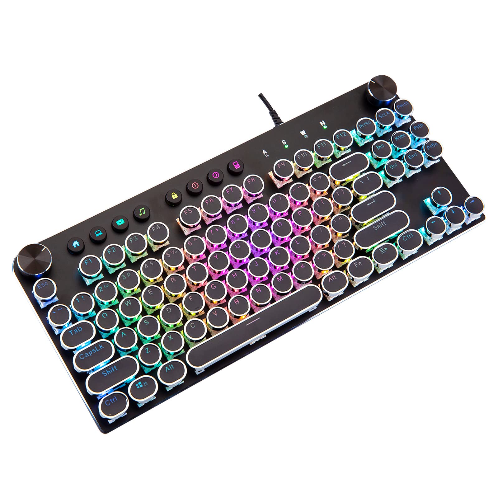 Typewriter Style Mechanical Gaming Keyboard with True RGB LED Backlight Multifunction Knobs, 87-Key Anti-Ghosting Blue Switch Retro Steampunk Vintage Round Keycaps Metal Panel Compact Wired USB, Black