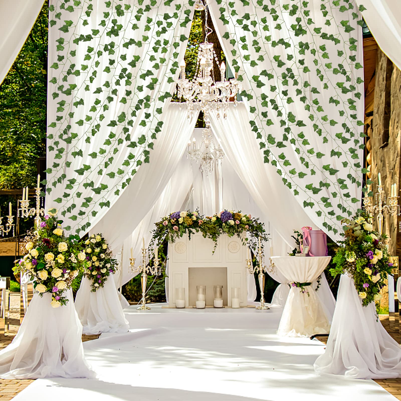 EZFLOWERY 12 Strands 84 Feet Artificial Ivy Vines Leaves, Silk Garland Fake Greenery Hanging Leaf Plants for Wedding, Wall Decor, Party, Room, Garden, Home Decor - Green