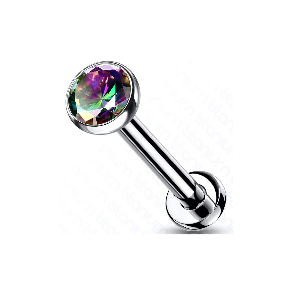 Amelia Fashion Implant Grade Titanium Threadless Push in Labret, Flat Back Studs, CZ Bezel Set Ball Top for Cartilage, Monroe, Nose and More (Vitrail Medium - 16GA (1.2mm) - L.5/16" (8mm) - Ball: 3mm)